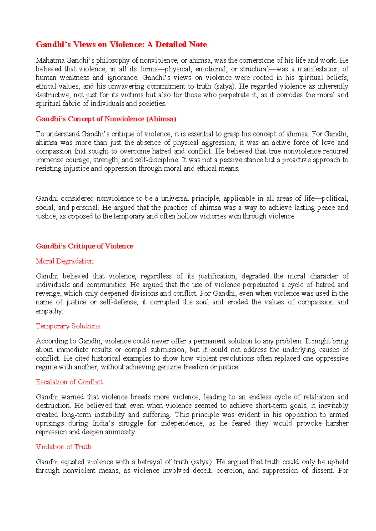 Violence: A Critical Analysis of Gandhi's Philosophy (Course Code ...