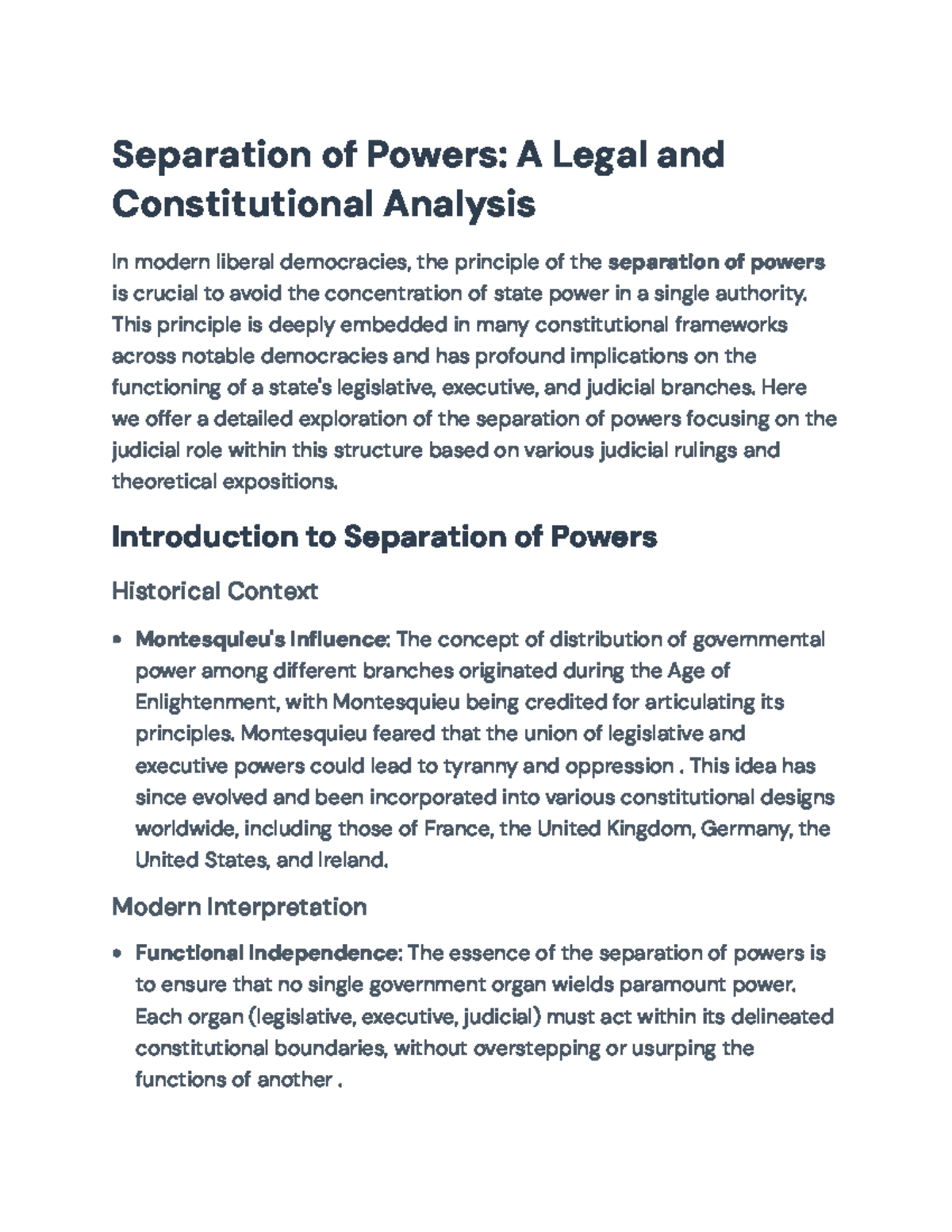 Separation of Powers: Constitutional Analysis and Judicial Implications ...