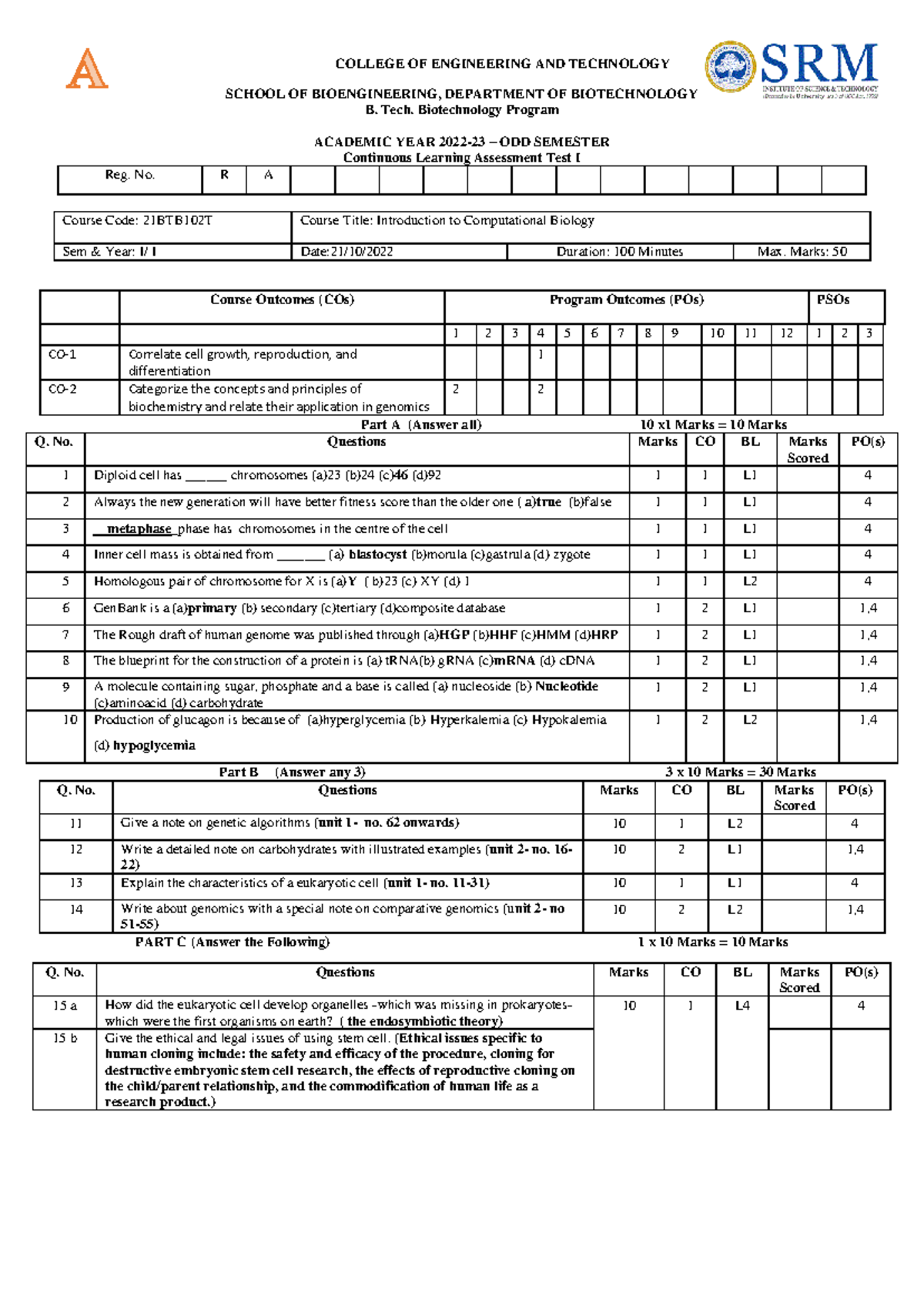 Model Question Paper for 21BTB102T - Introduction to Comp. Biology ...