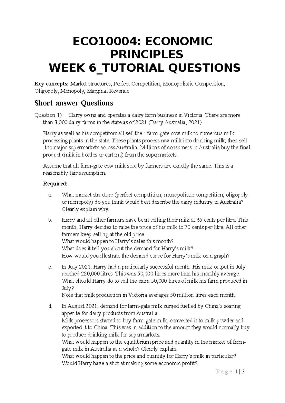 Week 6 Tutorial Questions - ECO10004: ECONOMIC PRINCIPLES WEEK 6 ...