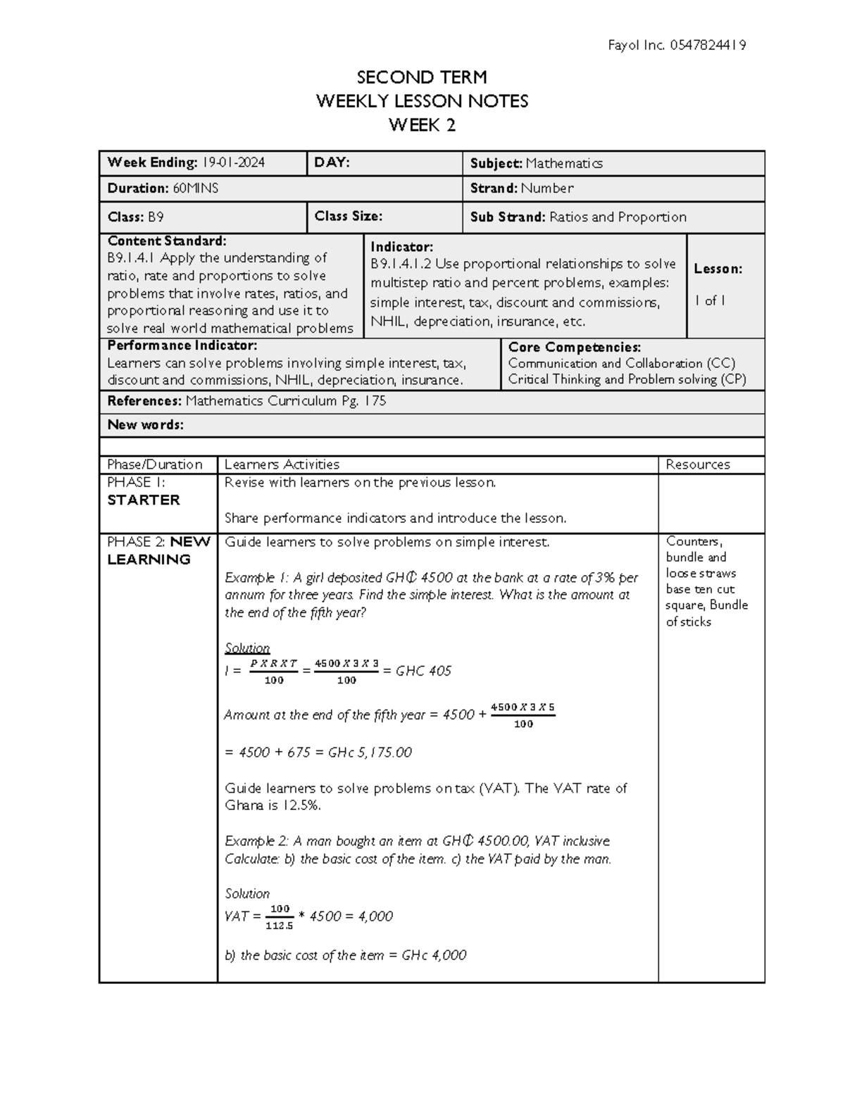 B9- Maths-WK2 - Very insightful - Fayol Inc. 0547824419 SECOND TERM ...
