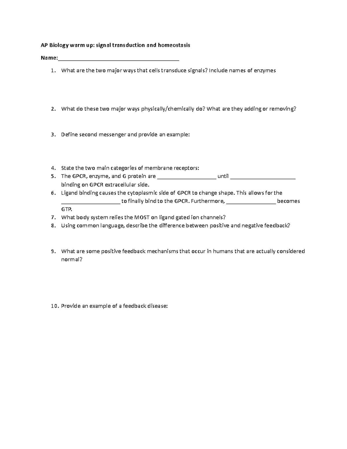AP Biology Warm Up: Signal Transduction & Homeostasis Concepts - Studocu