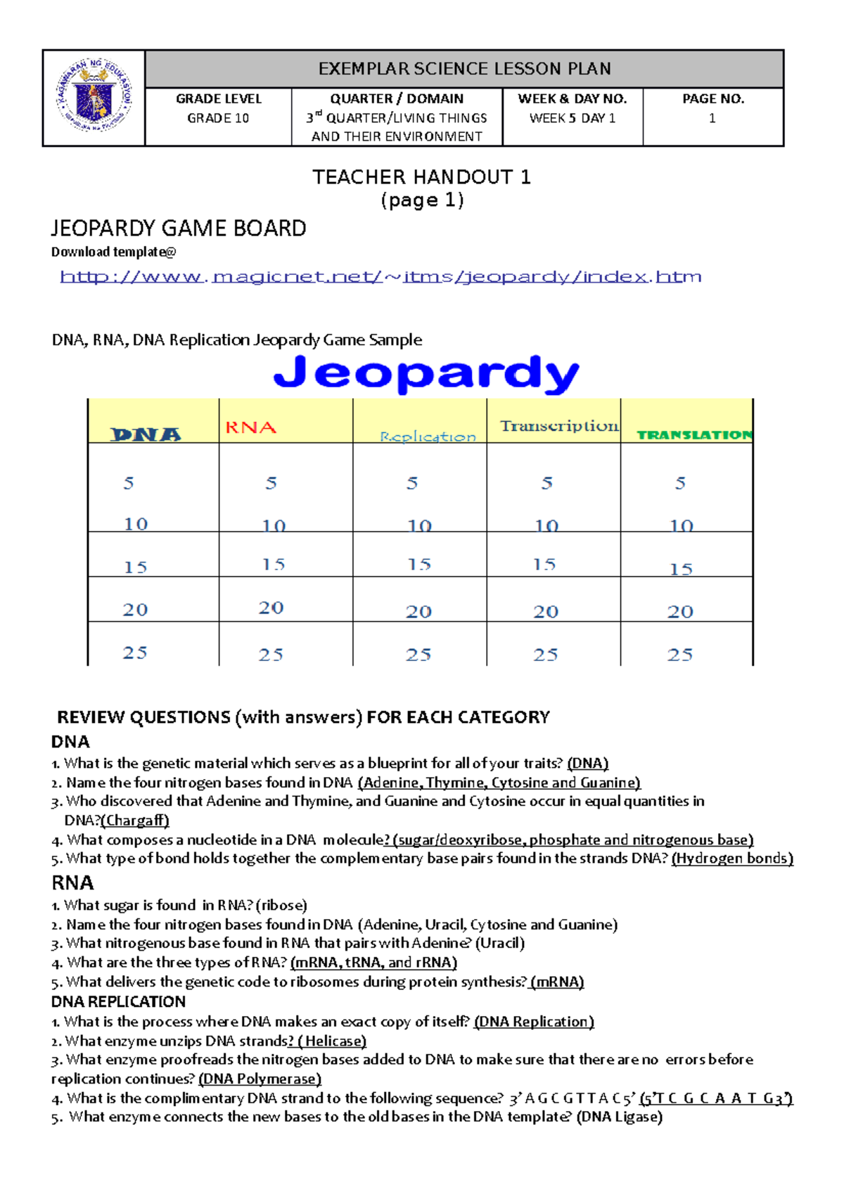 DNA Jeopardy Activity Sheet for Grade 10 - Quarter 3 - Studocu