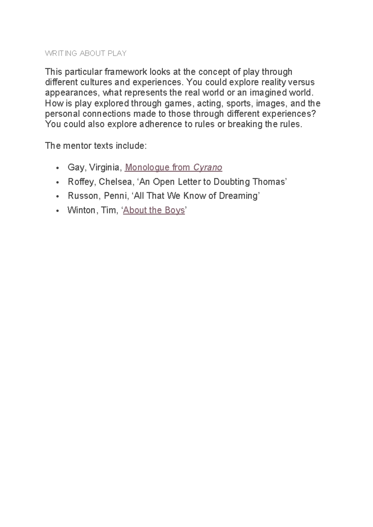 Writing About PLAY - WRITING ABOUT PLAY This particular framework looks ...