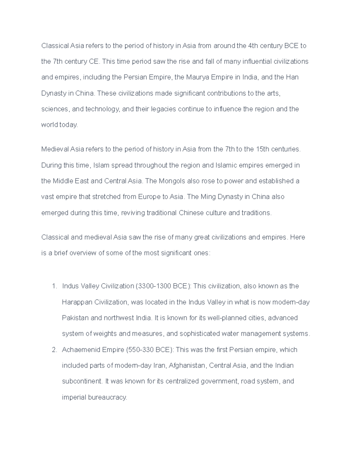 Asia 100 -2 - notes - Classical Asia refers to the period of history in ...