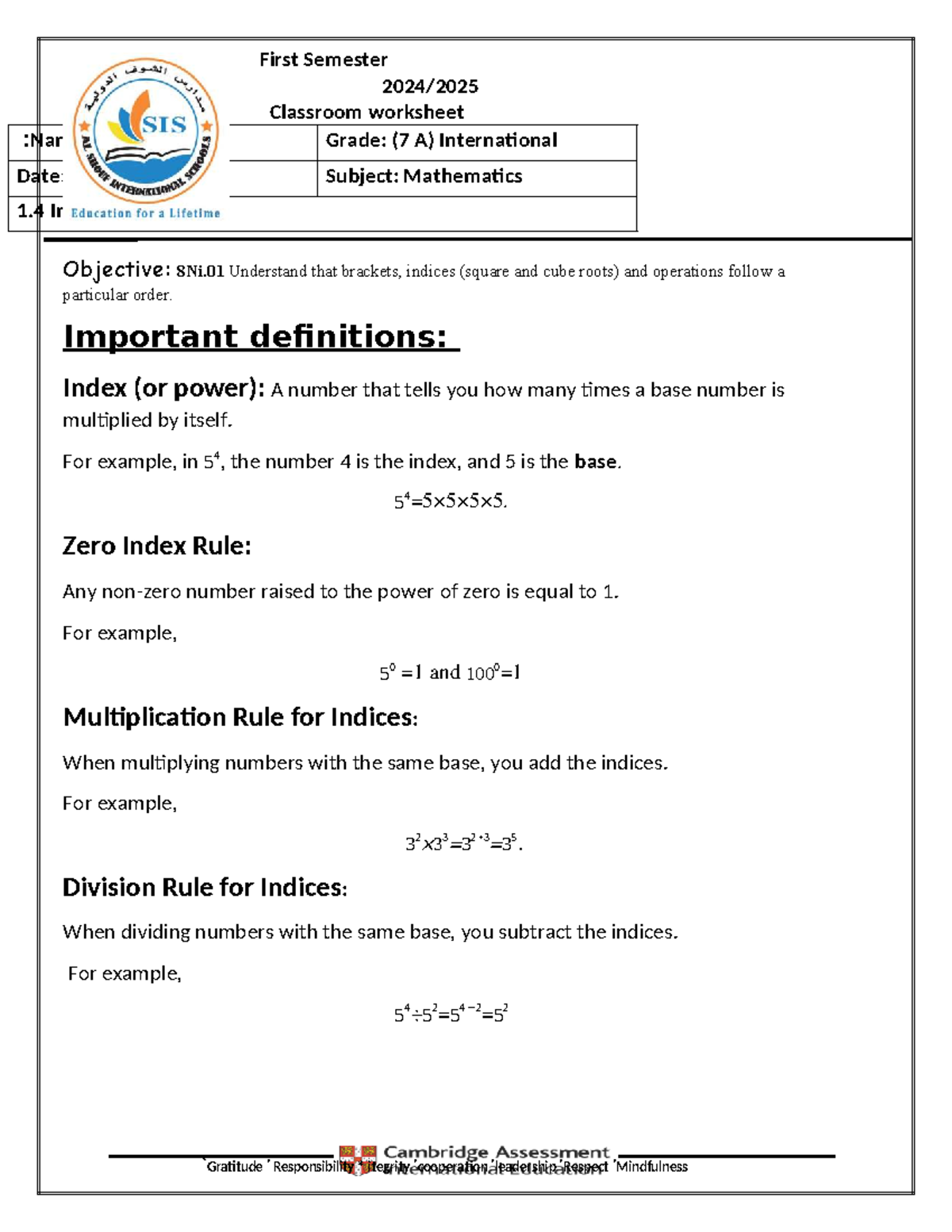 Mathematics 1.4 Indices Worksheet for Grade 7A - Studocu