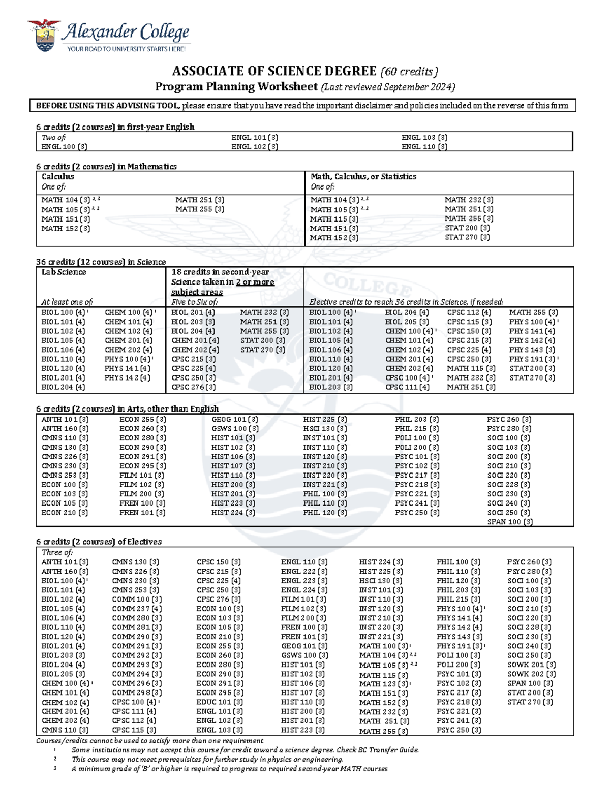 AS Degree Planning Worksheet - Associate of Science (60 Credits) - Studocu