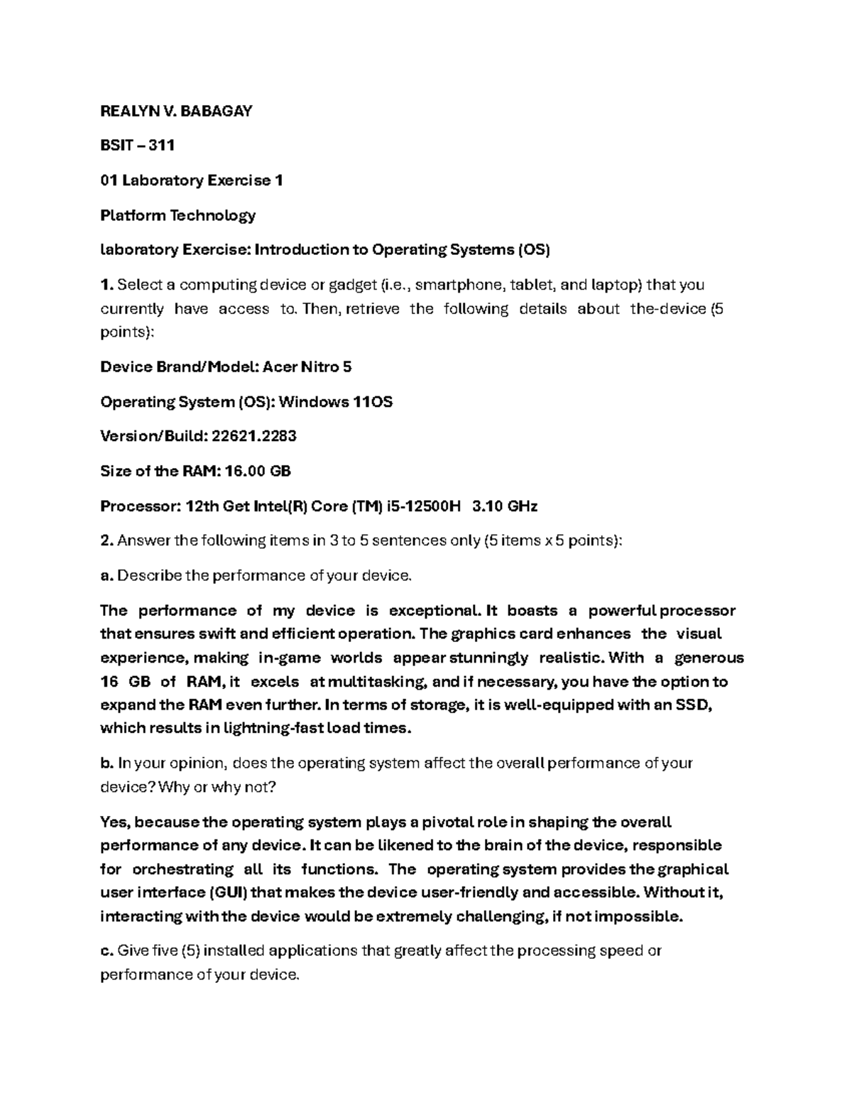 BSIT 311 01 Lab Exercise 1: Introduction to OS & Device Performance ...