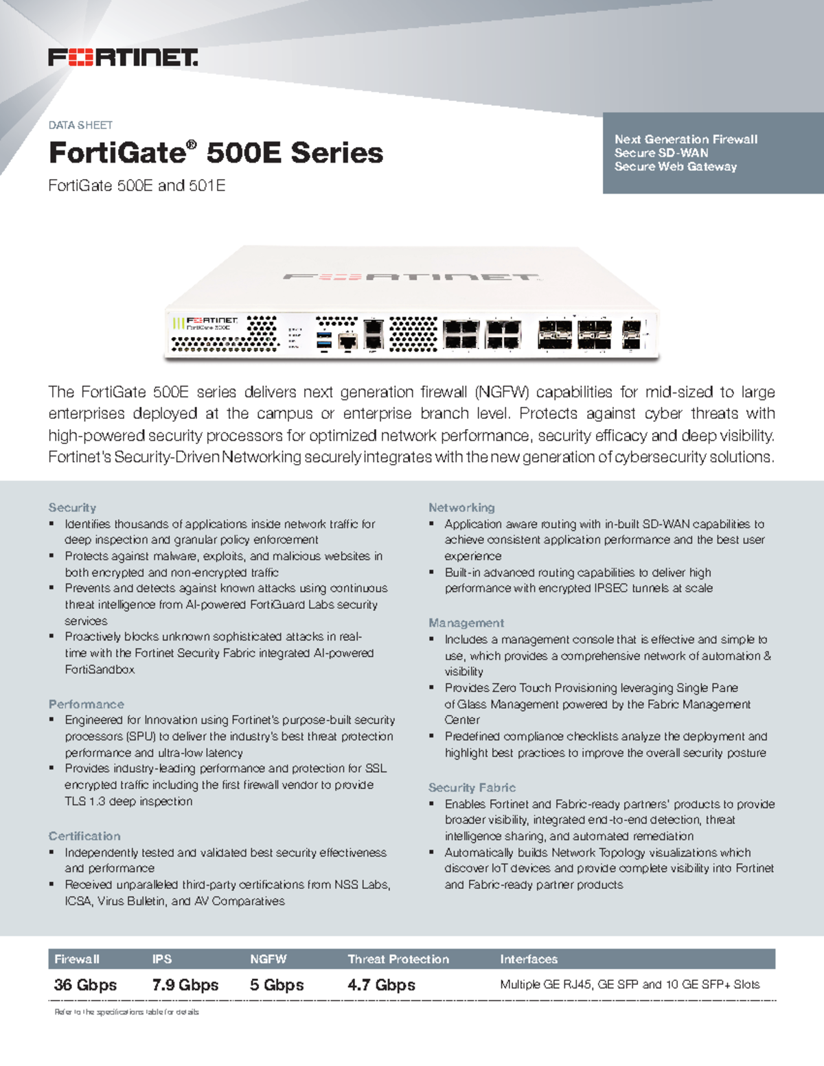 Forti Gate 500E - skia - DATA SHEET The FortiGate 500E series delivers ...
