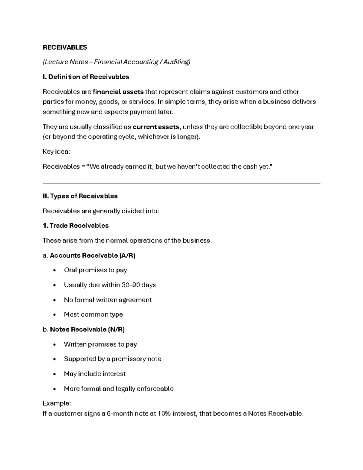 RECEIVABLES (Lecture Notes FIN 101) - Key Concepts & Valuation ...