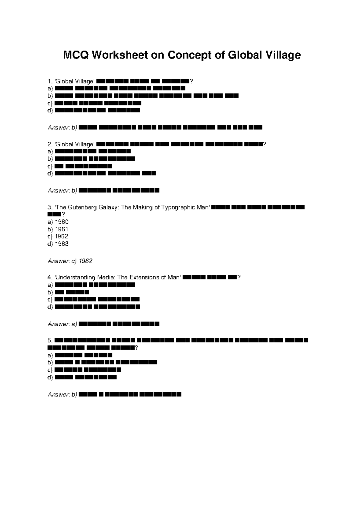 Global Village MCQs - Yyyy - MCQ Worksheet on Concept of Global Village ...