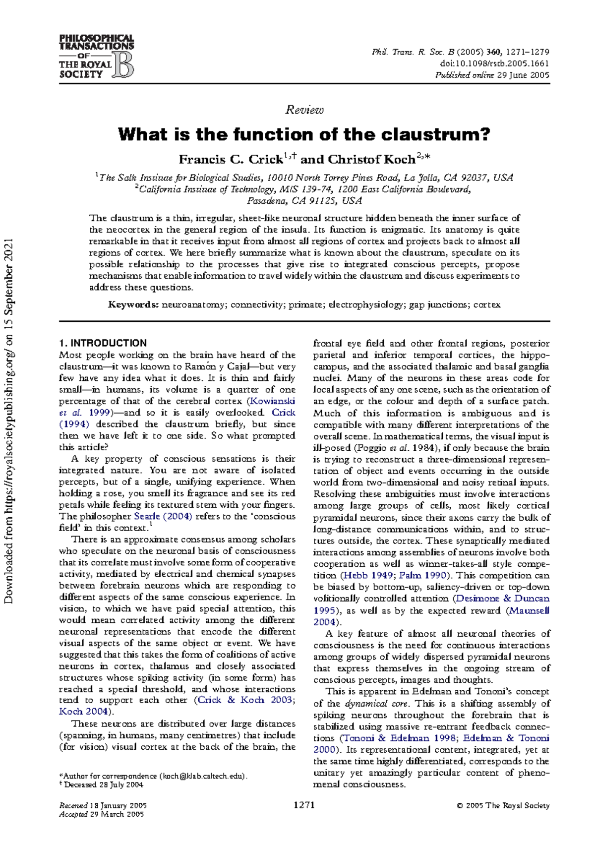 Week 7 - NOTES - Review What is the function of the claustrum? Francis ...