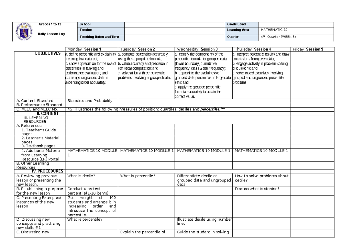 DLL MATH 10 Q4 WK3: Daily Lesson Log for Percentiles and Deciles - Studocu