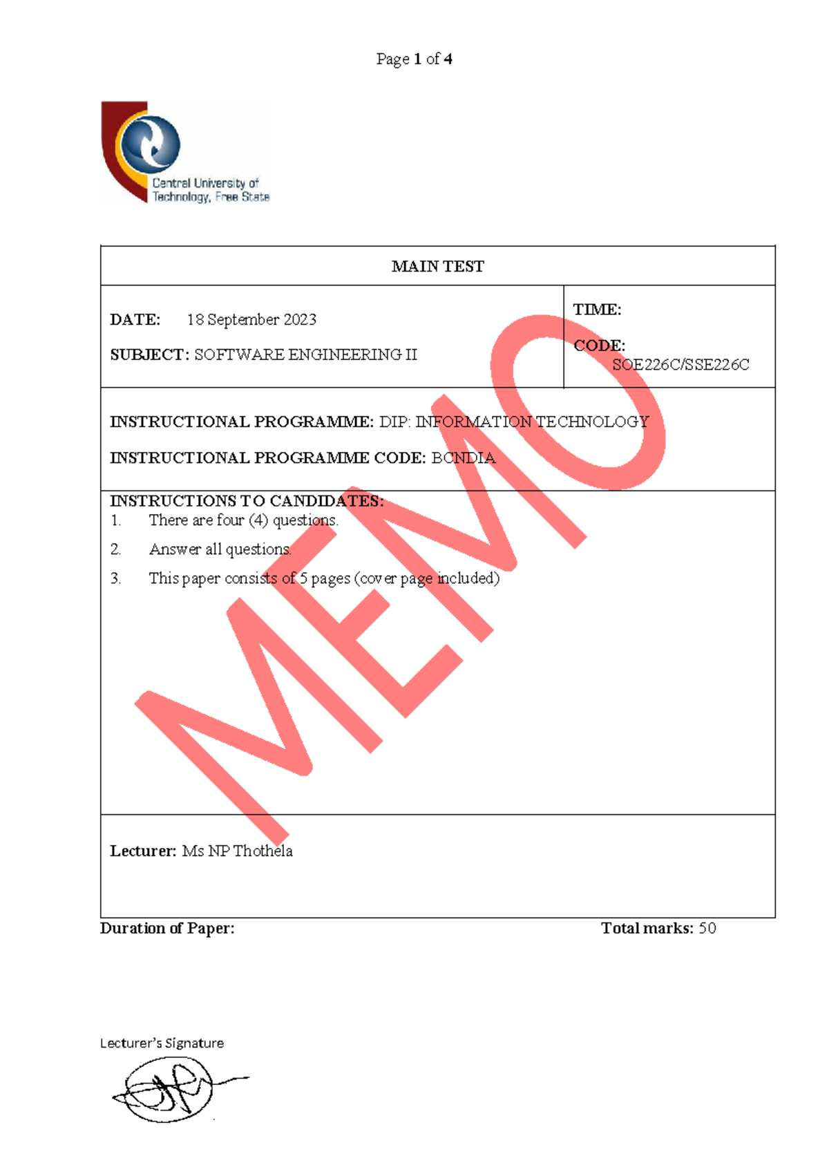 2023-SOE226C-SOFTWARE ENGINEERING II MAIN TEST MEMO - Studocu