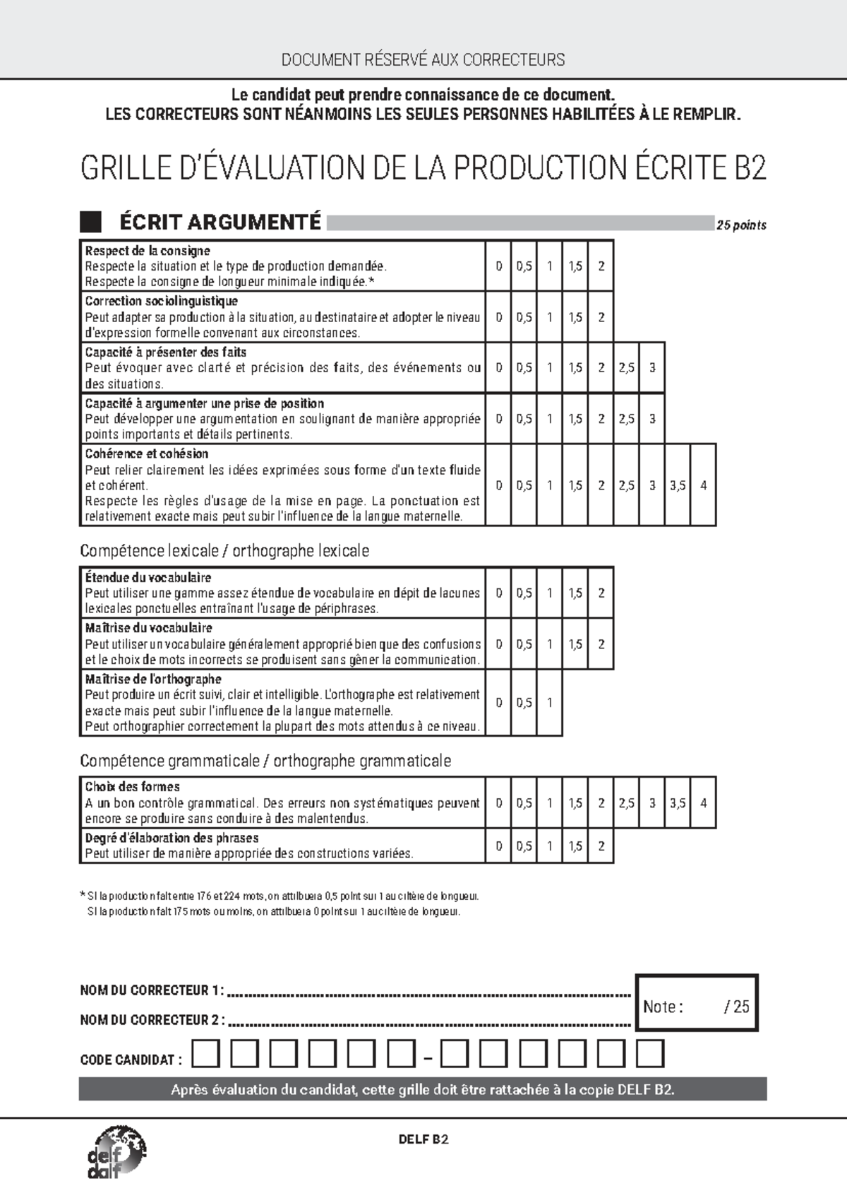 Grille d'évaluation de la production écrite DELF B2 - 25 points - Studocu