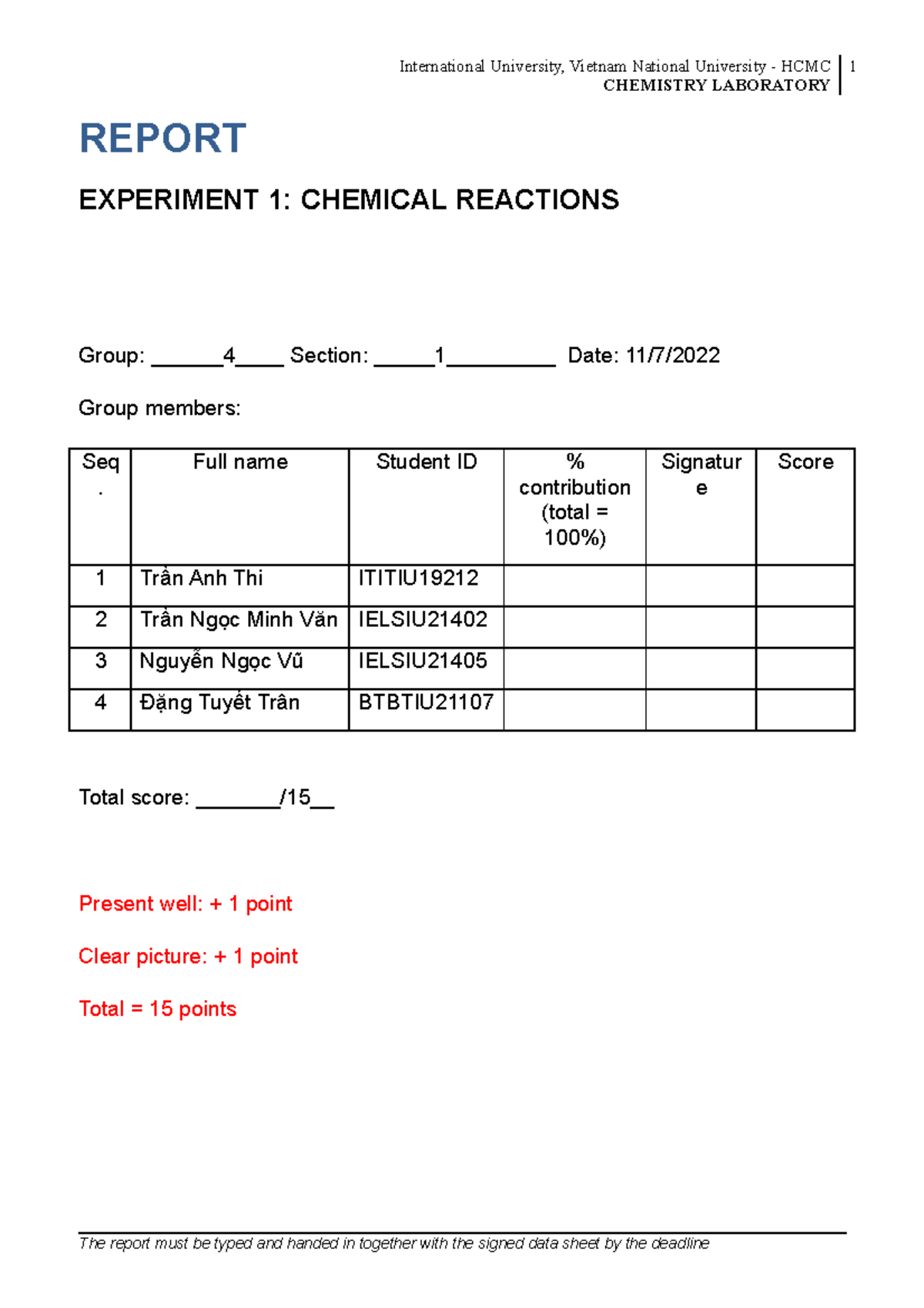 Experiment Report 1 - Chemical Reactions & Observations - Studocu