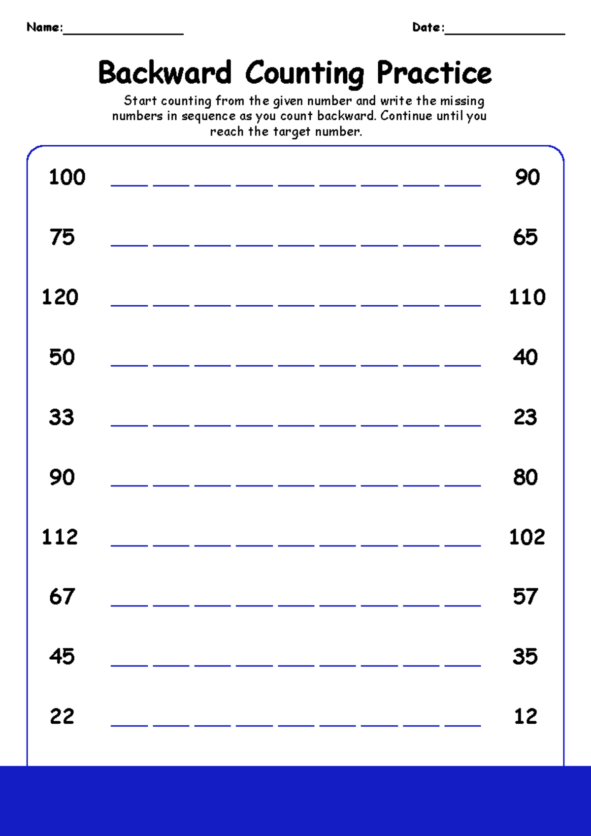 Backward Counting Practice - 1st Grade Worksheet