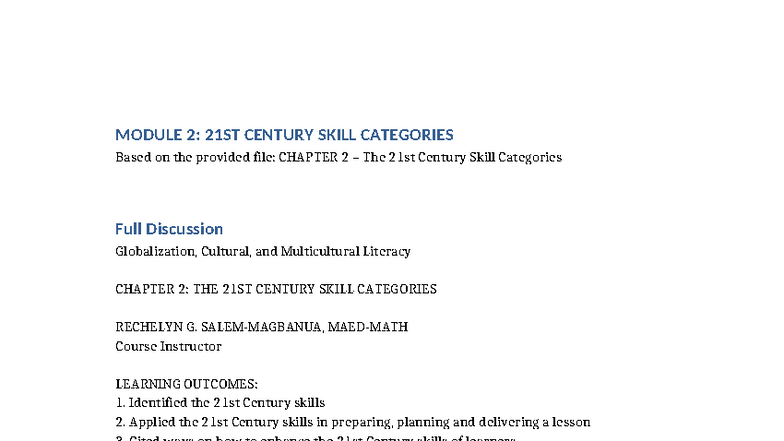 MODULE 2: 21ST CENTURY SKILL CATEGORIES - CHAPTER 2 OVERVIEW - Studocu