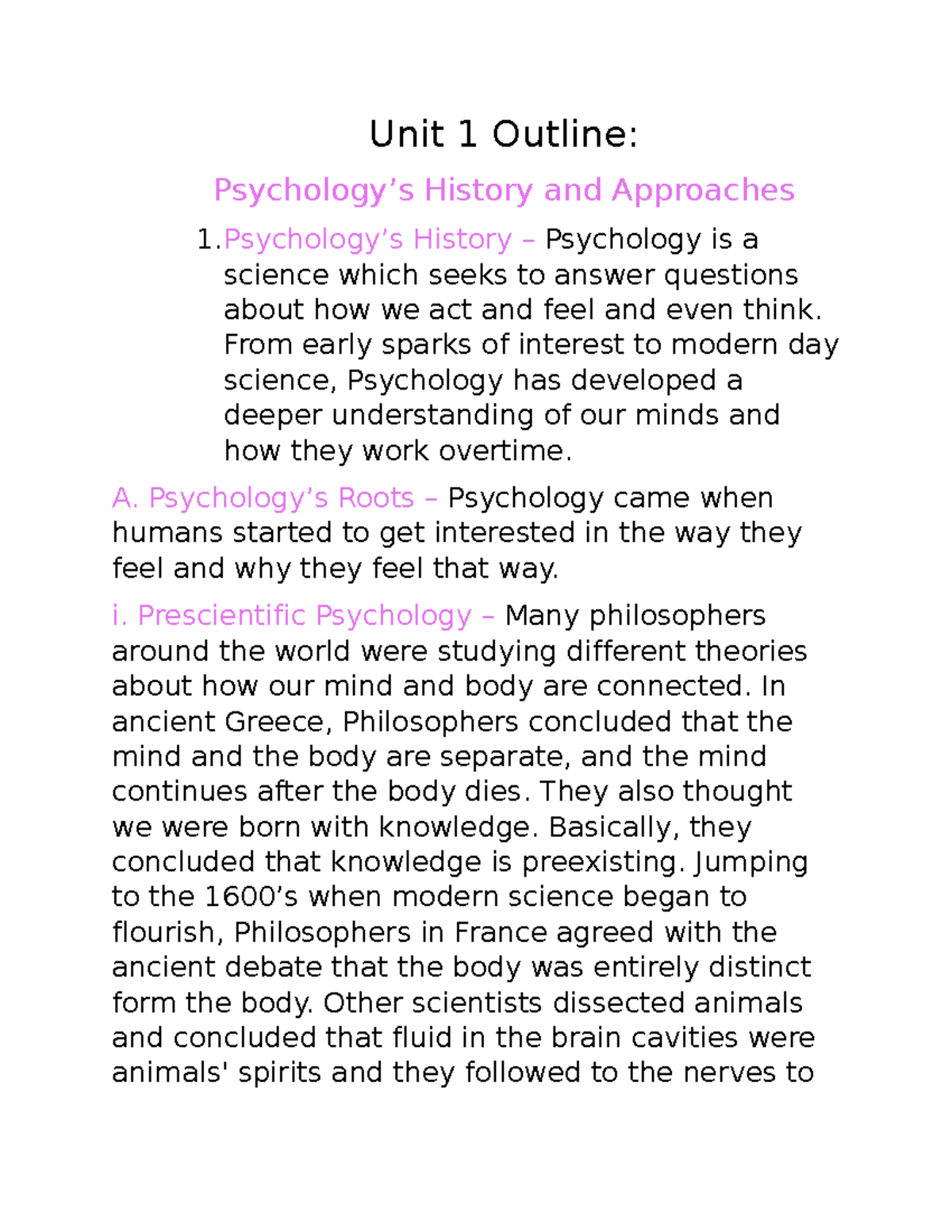 Unit 1 outline Myers psychology textbook - Unit 1 Outline: Psychology’s ...