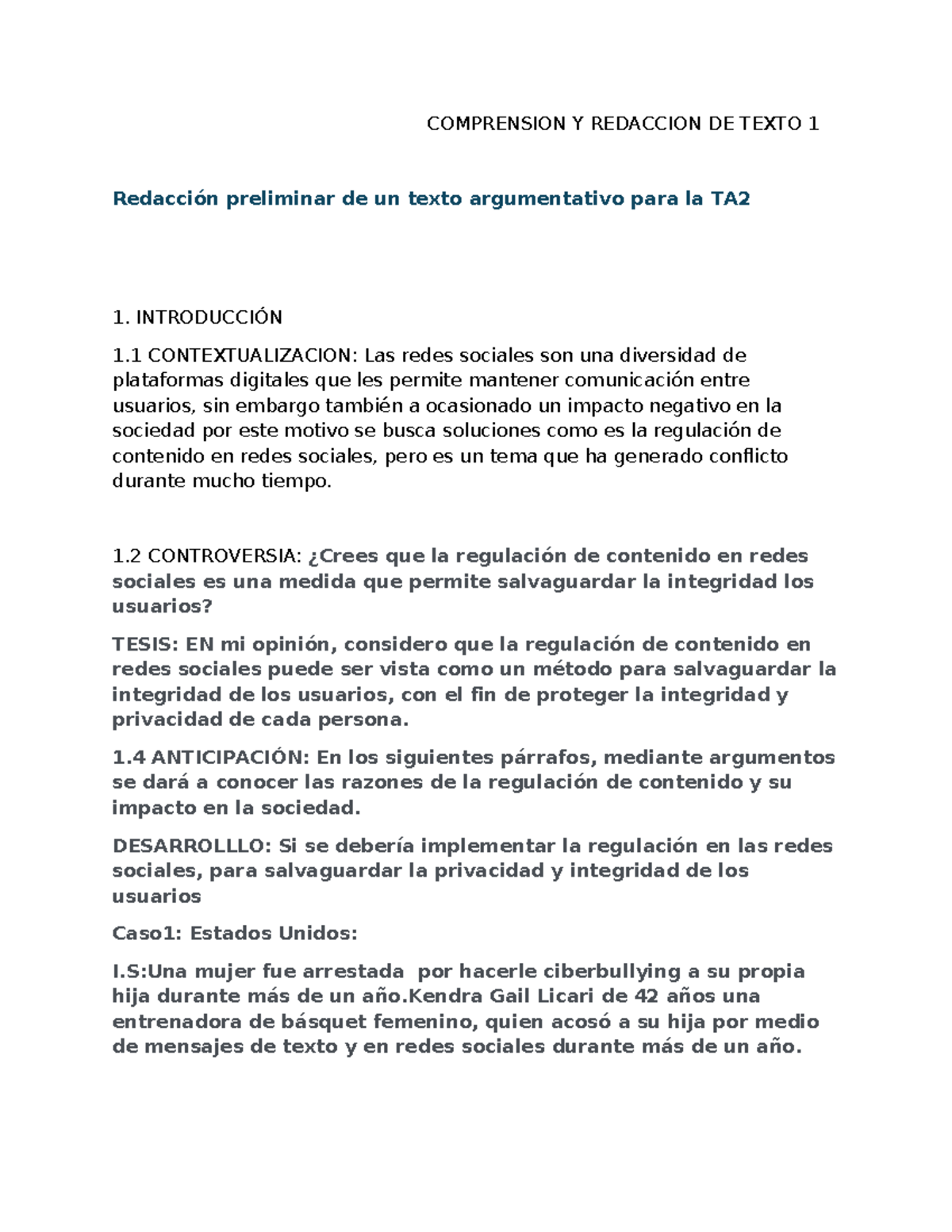 Redacción preliminar de un texto argumentativo para la TA2 - COMPRENSION Y REDACCION DE TEXTO 1 ...