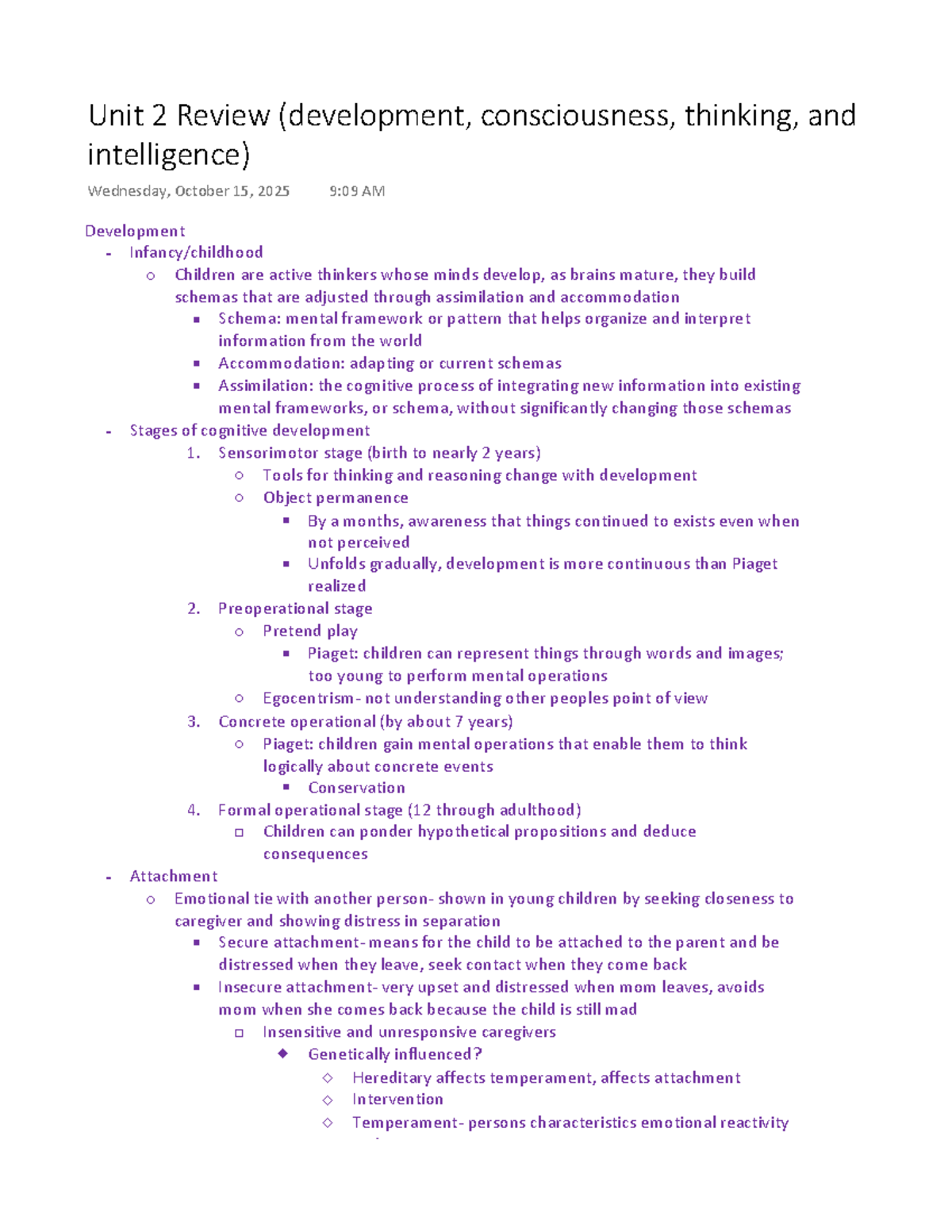 Developmental Psychology: Unit 2 Review on Growth, Consciousness, and ...