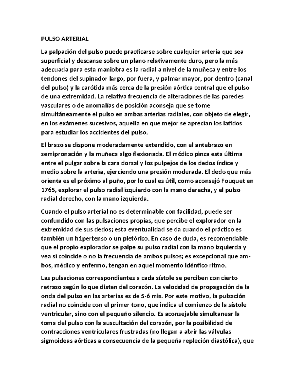 PULSO ARTERIAL: Consideraciones y Técnicas de Palpación - Studocu