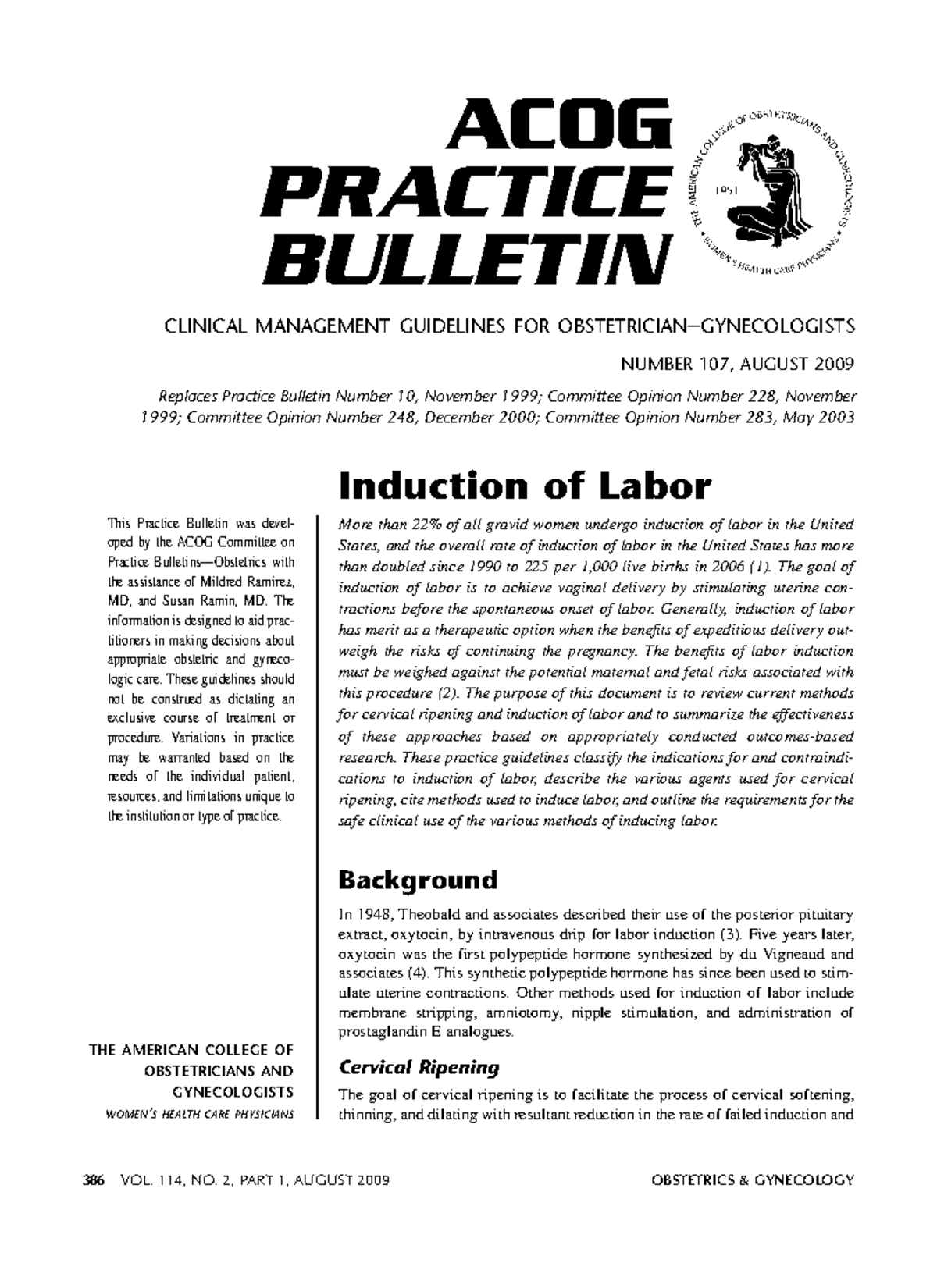 ACOG Practice Bulletin: Induction of Labor Guidelines (No. 107) - Studocu