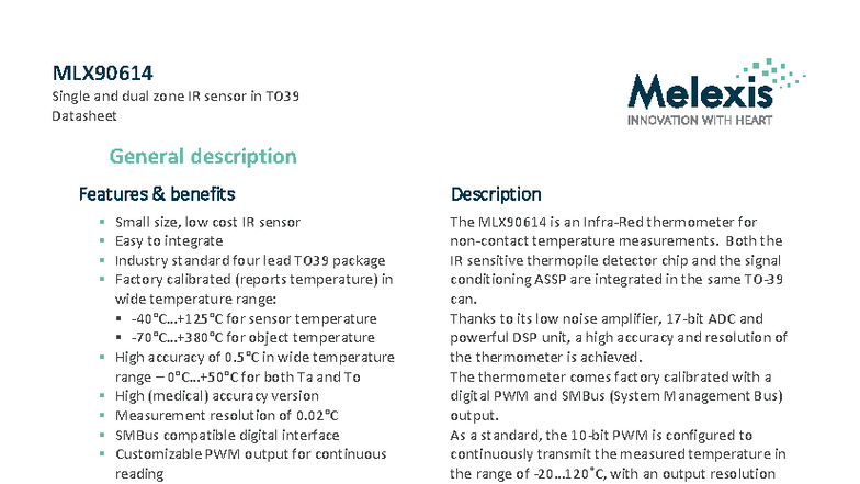 MLX90614 TO39 IR Sensor Datasheet: Features & Specifications - Studocu