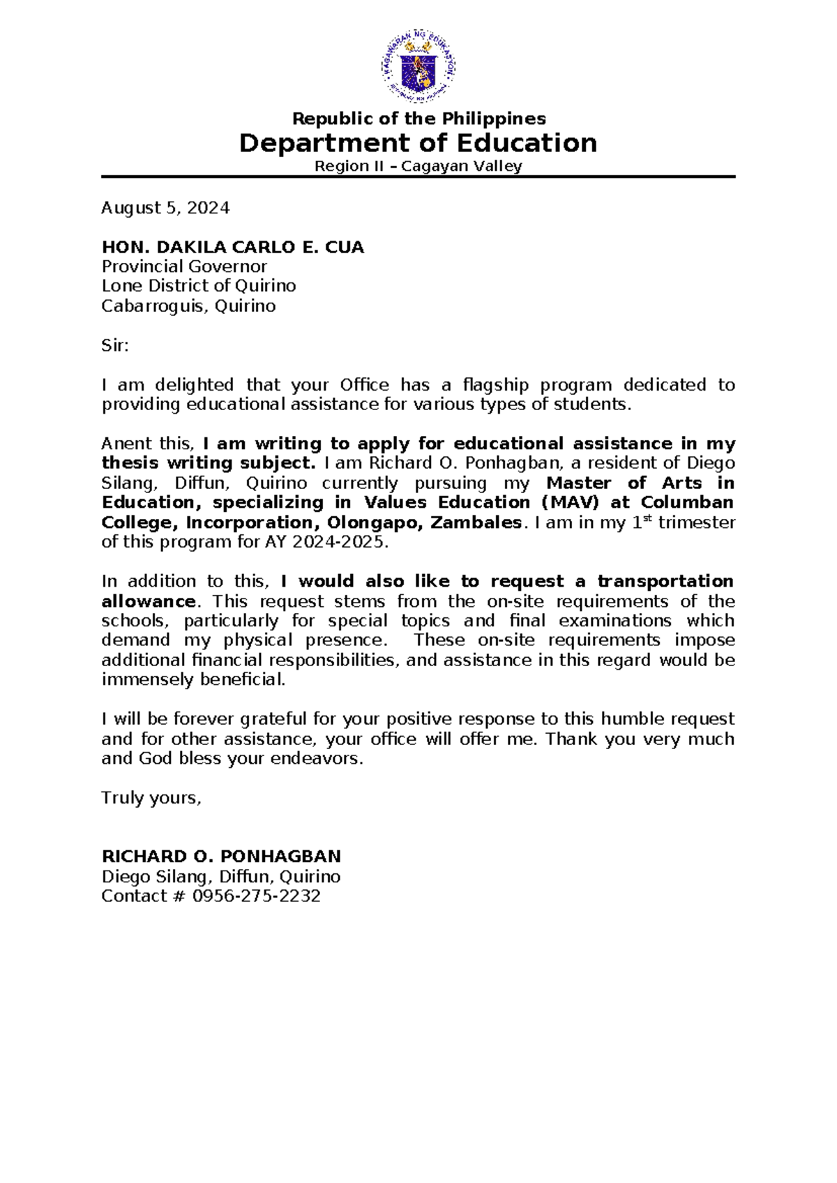 Letter of Educational Assistance Application - Richard O. Ponhagban ...