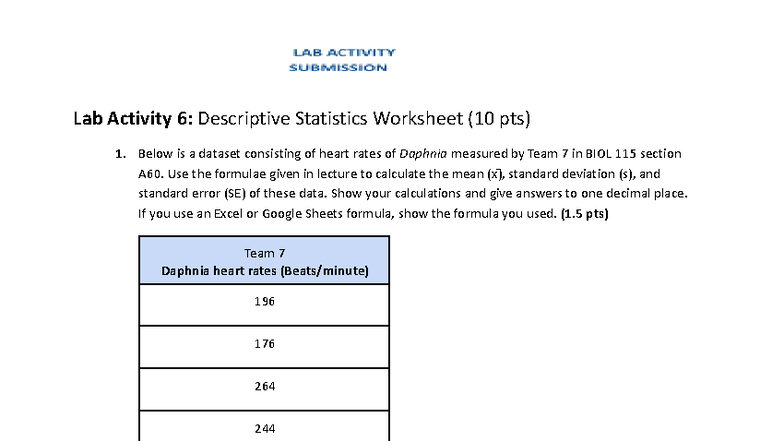 BIOL 115 Lab Activity 6: Descriptive Stats & Daphnia Analysis - Studocu