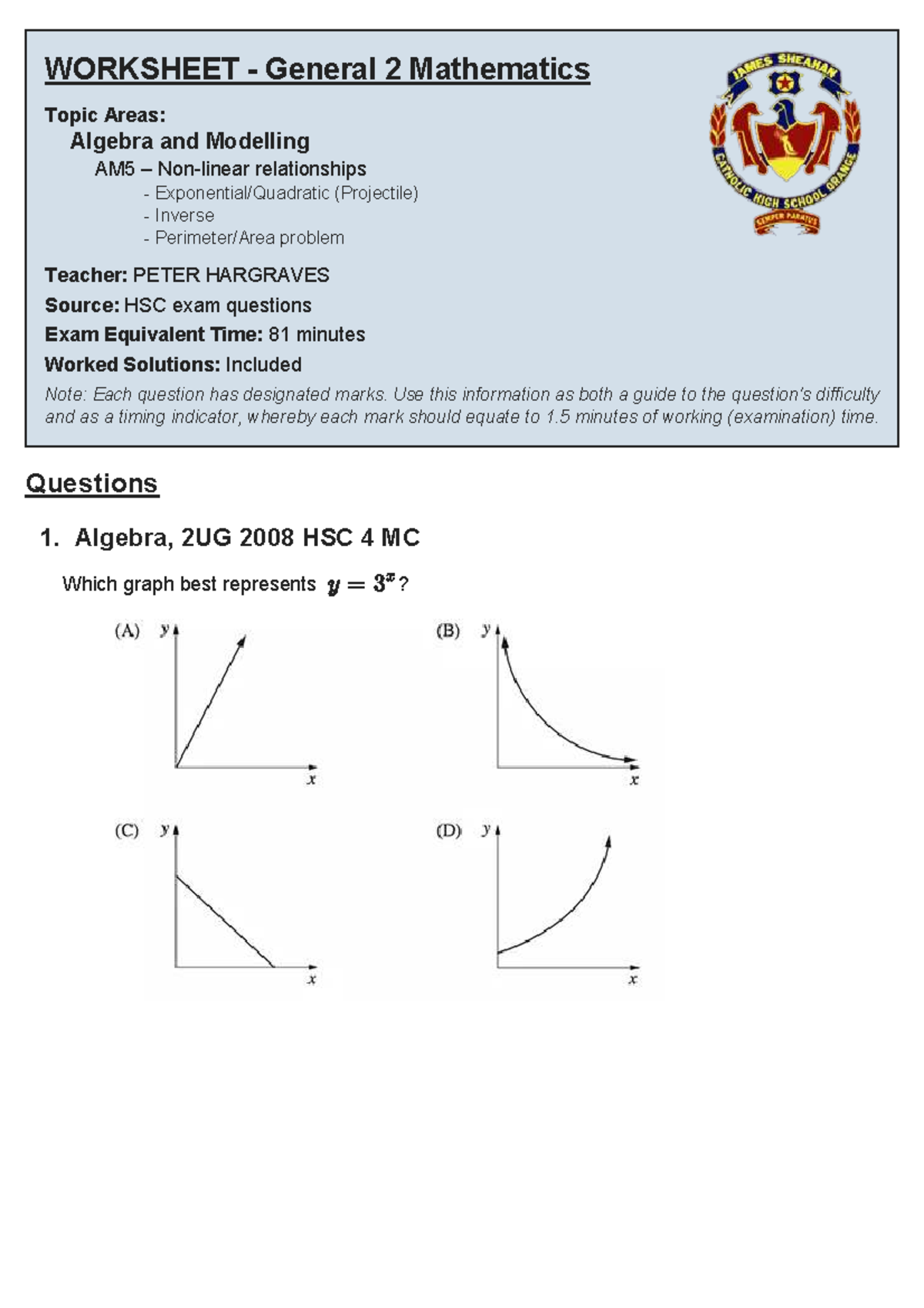 AM5 Non-Linear Relationships Worksheet: Algebra & Modelling (81 min ...