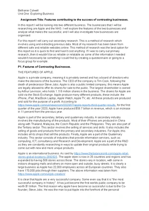 Level 3 Business Unit 1 assignment 1 - Unit One: Exploring Business Assignment Title: Features ...