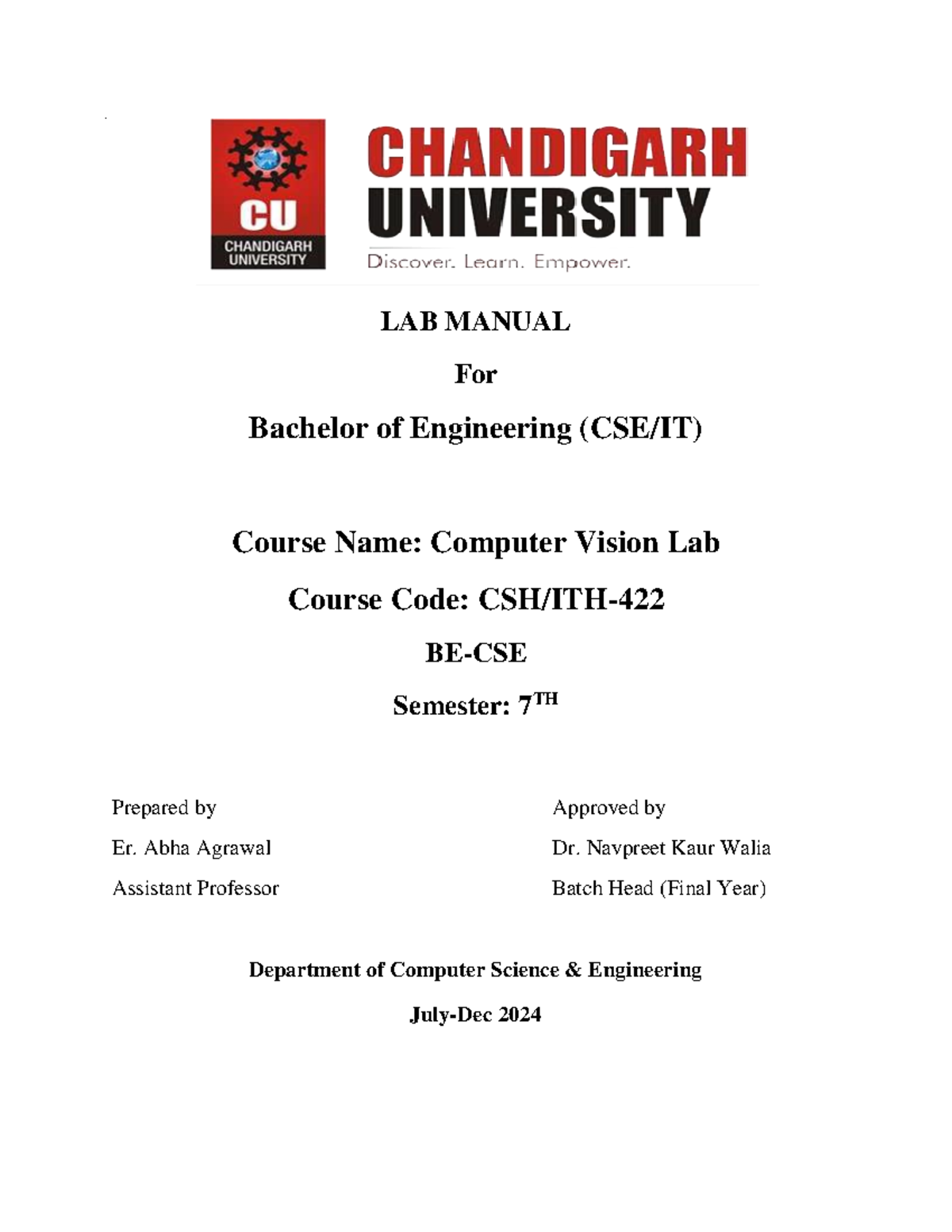 Computer Vision Lab Manual (CSH/ITH-422) for BE-CSE Semester 7 - Studocu