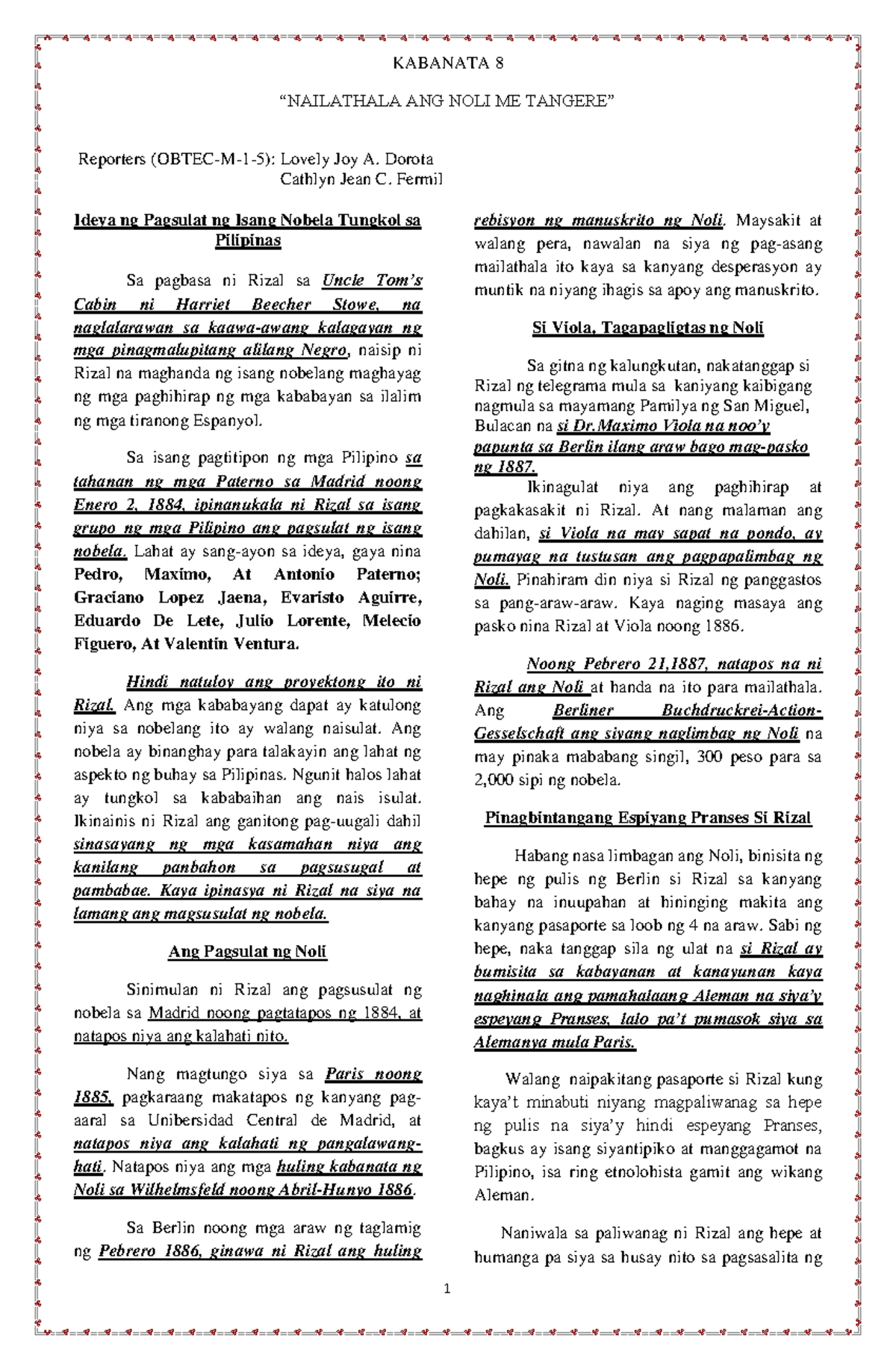 Kabanata 8: Pagsusuri sa Noli Me Tangere at ang Pagsulat ni Rizal - Studocu