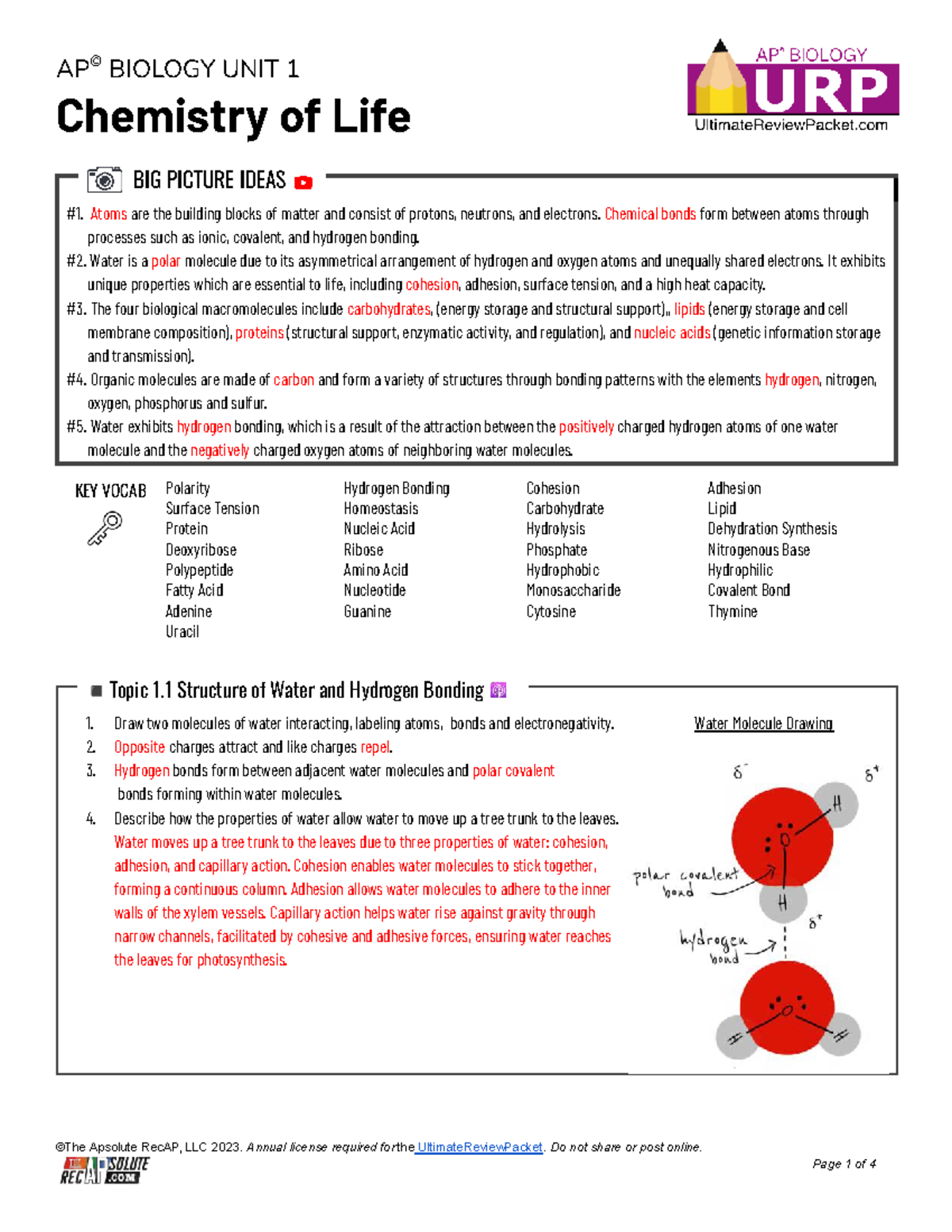 AP Biology Unit 1 Study Guide: Chemistry of Life Answer Key - Studocu
