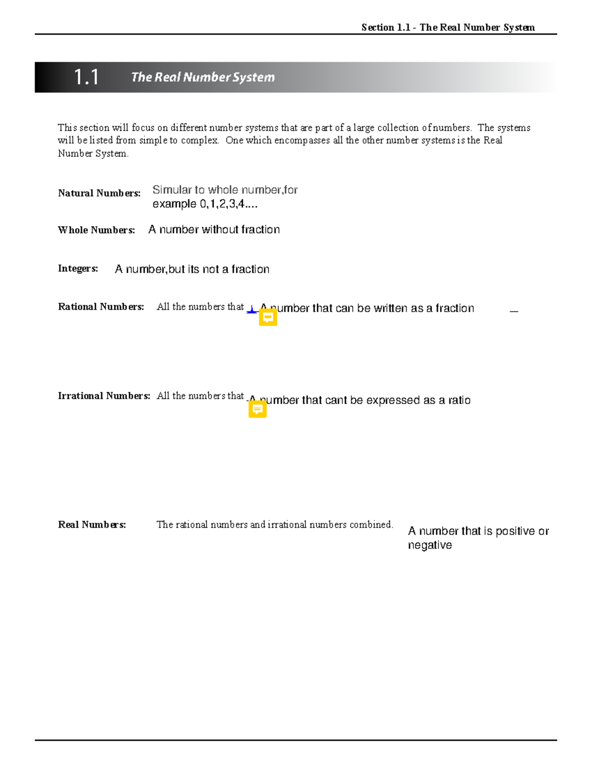1.1 Real Number System for the first test - Section 1 - The Real Number ...
