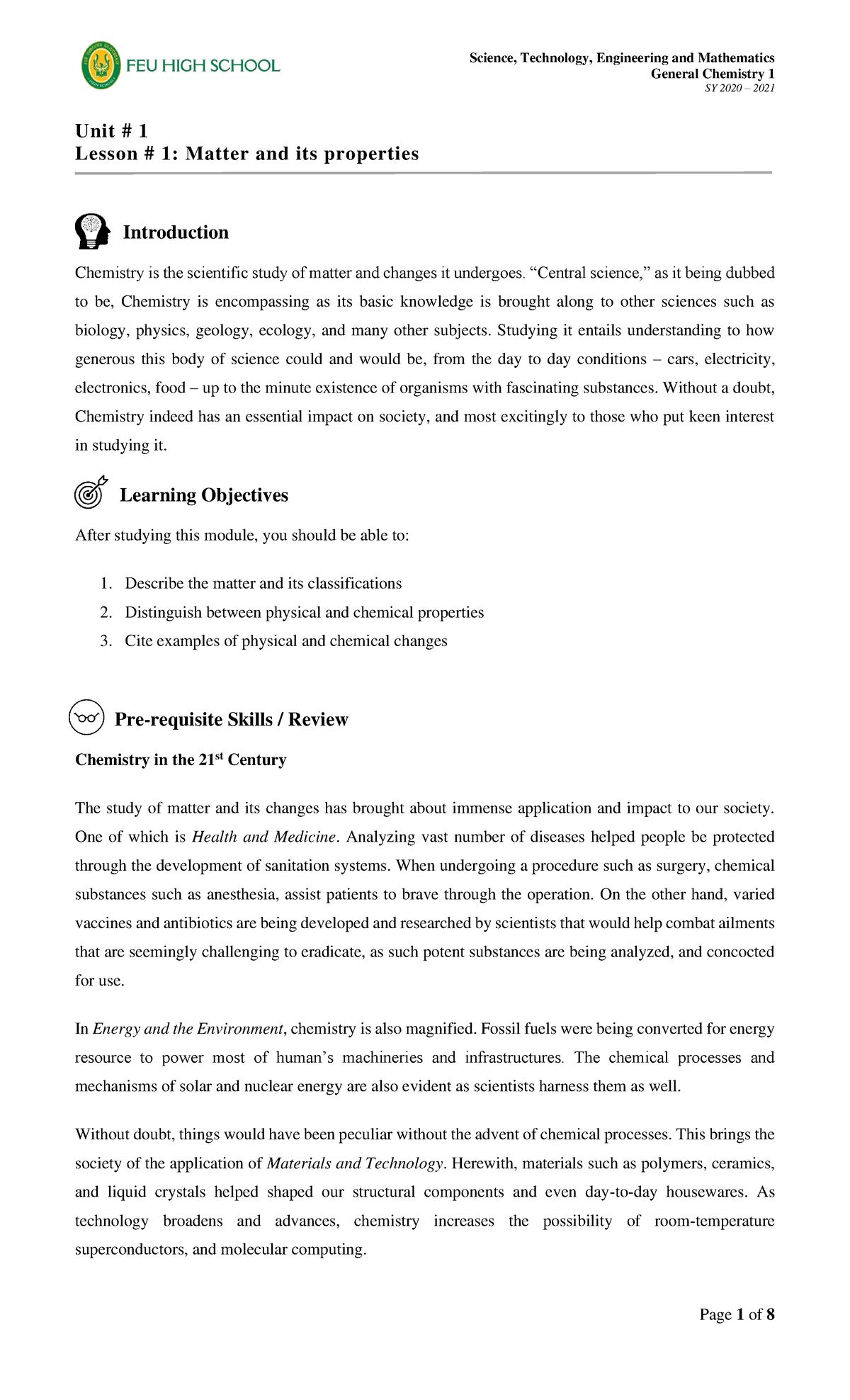 General Chemistry 1 (SY 2020-2021) Lesson 1: Matter & Its Properties ...