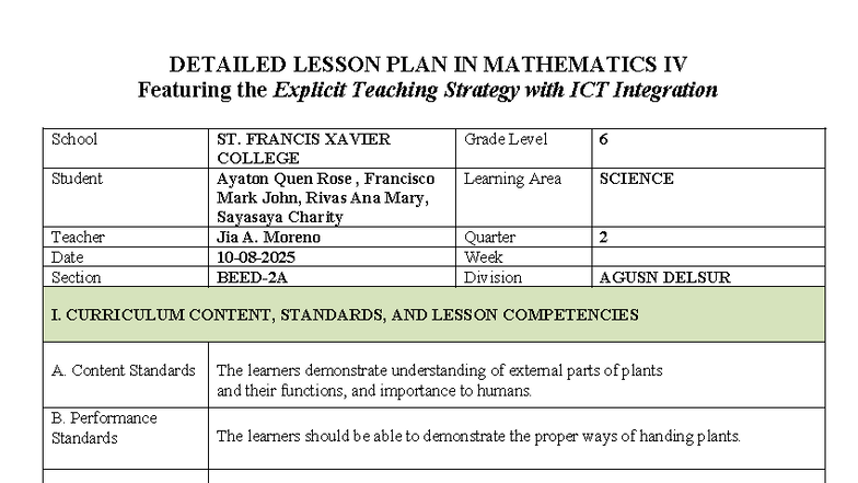 DETAILED LESSON PLAN IN SCIENCE IV: EXPLICIT TEACHING STRATEGY - Studocu