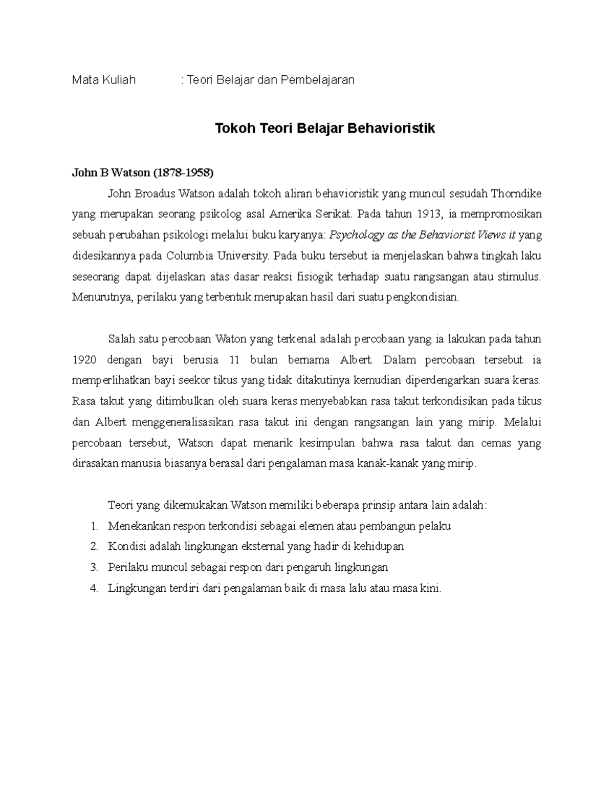 Teori Belajar Behavioristik oleh John B. Watson - Teori Belajar dan ...