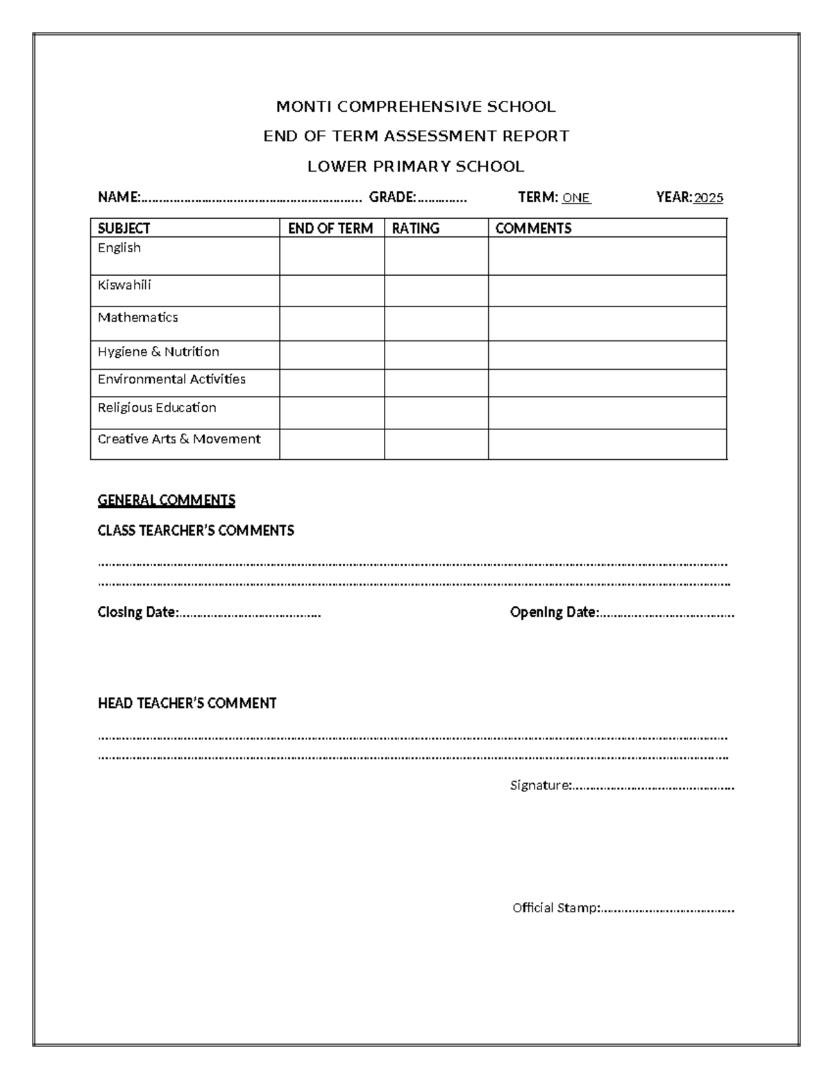Lower Primary - MONTI COMPREHENSIVE SCHOOL END OF TERM ASSESSMENT ...