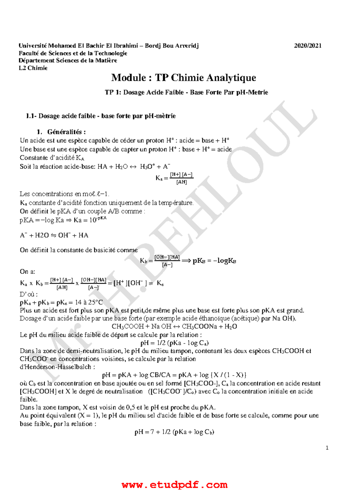 TP Chimie Analytique L2 - Dosage Acide Faible Base Forte - Studocu