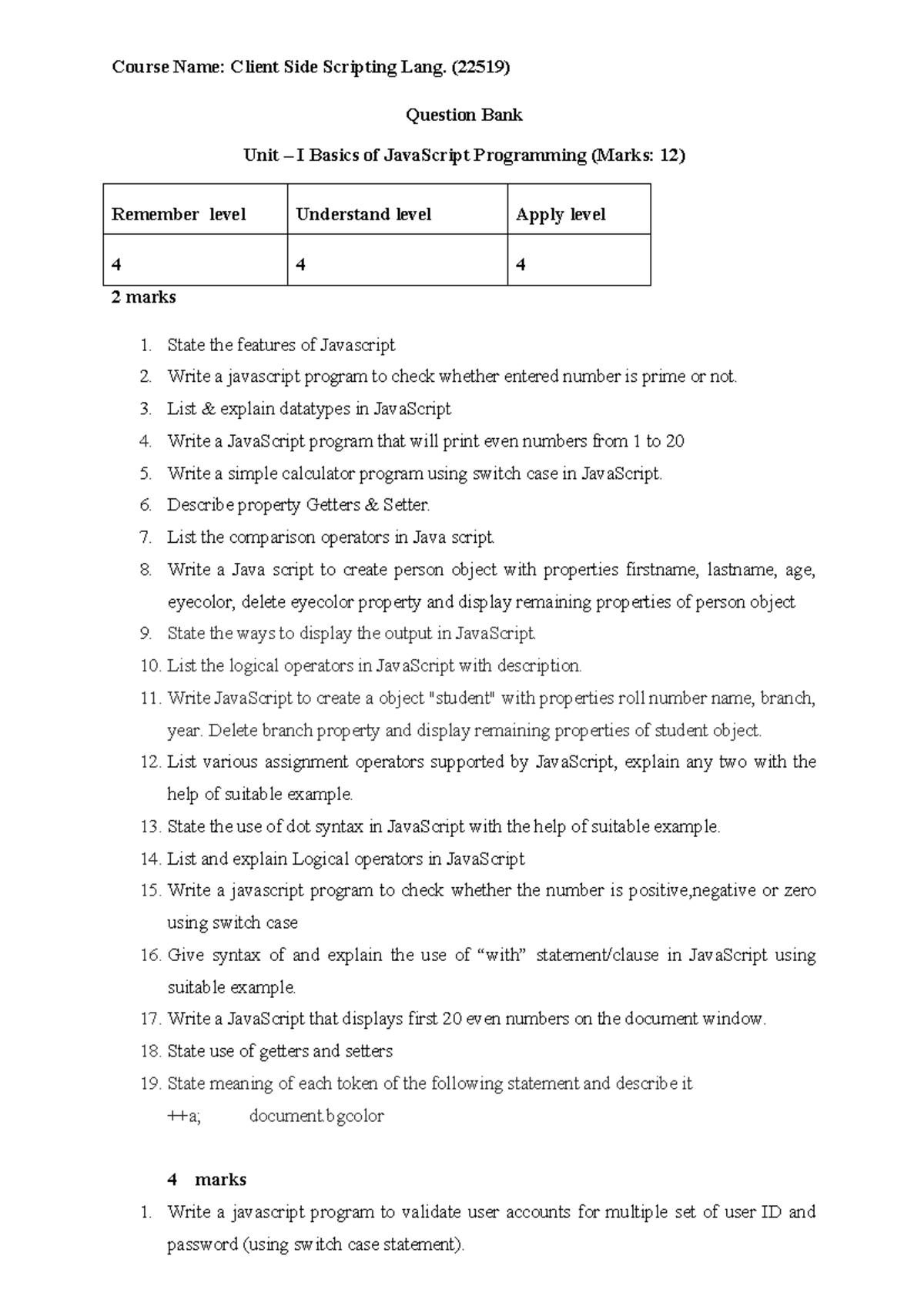 **Client Side Scripting (22519) JavaScript Question Bank** - Studocu