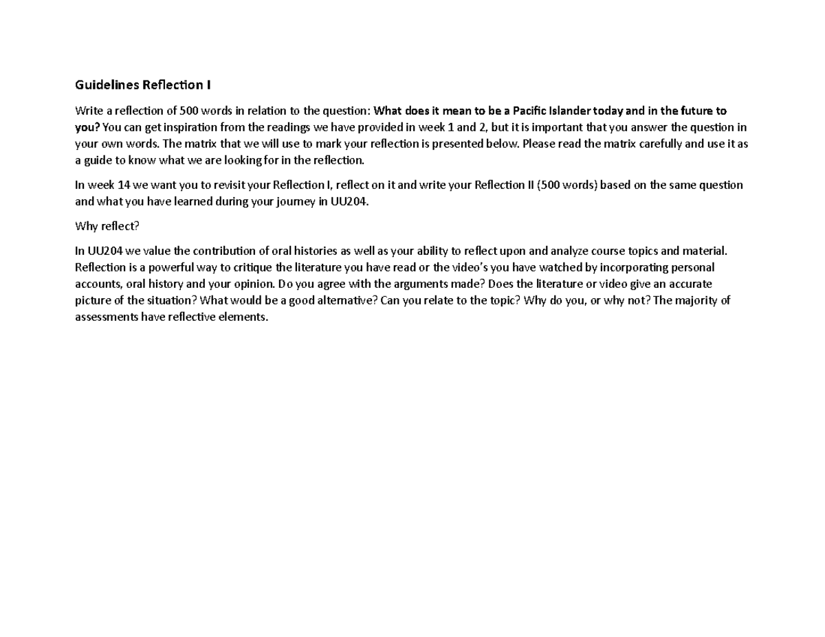 Assignment Guidelines - Reflection I - Guidelines Reflection I Write a ...