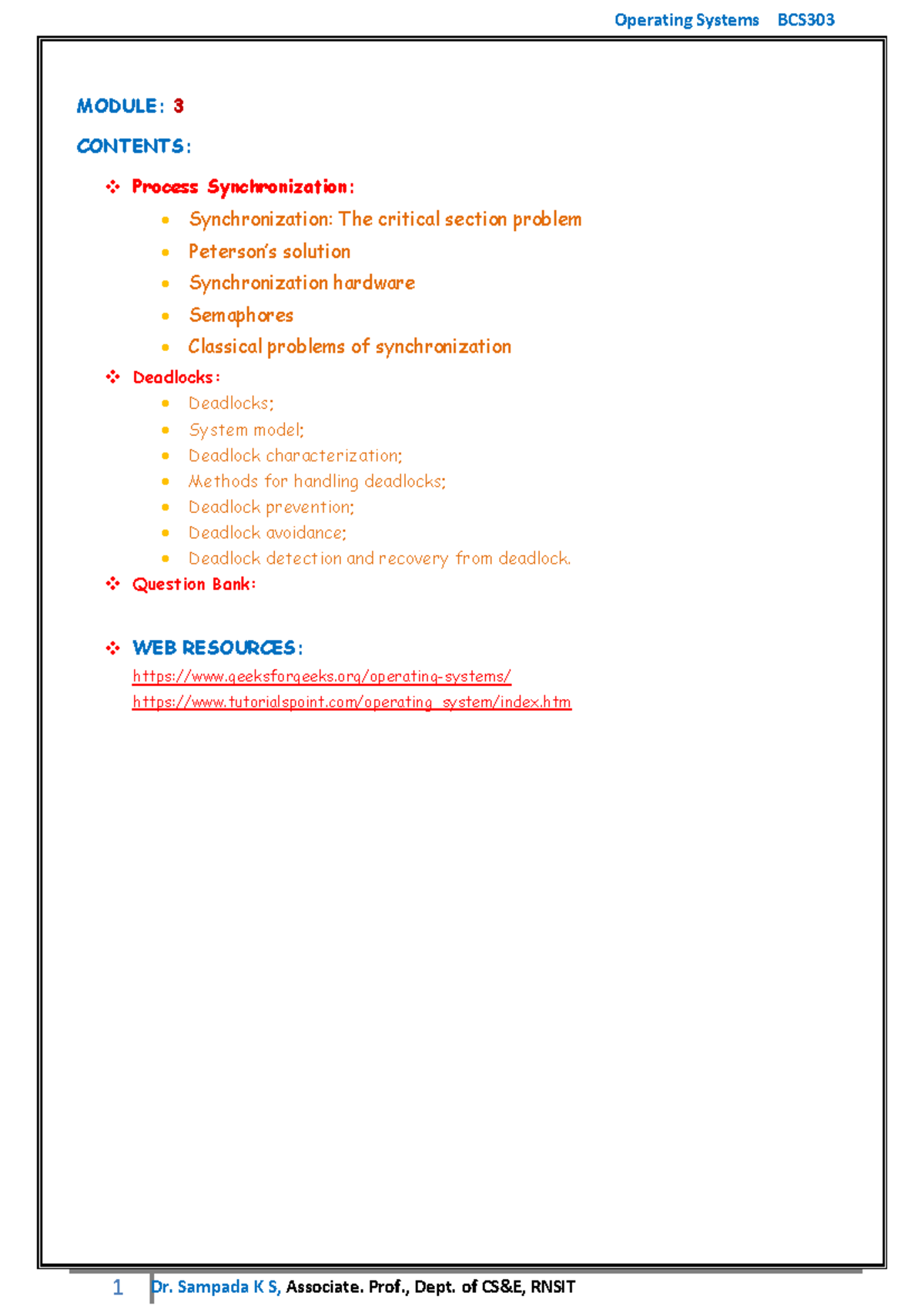 BCS303 Operating Systems Module 3: Process Synchronization & Deadlocks ...
