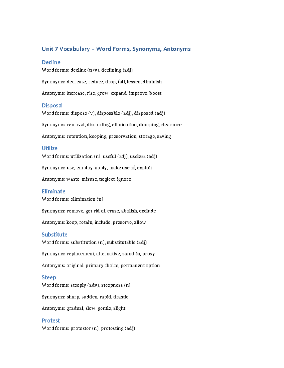 Unit 7 Vocabulary: Word Forms, Synonyms, and Antonyms - Studocu