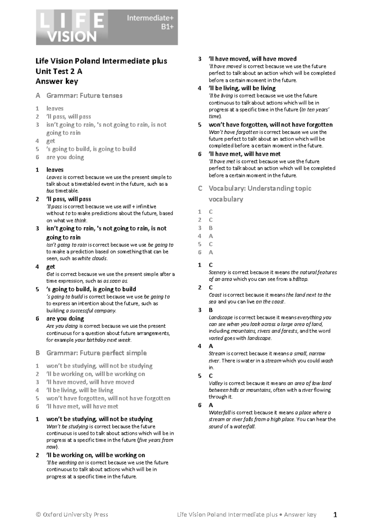 Life Vision Poland Intermediate Plus: Unit Test 2A Answer Key - Studocu