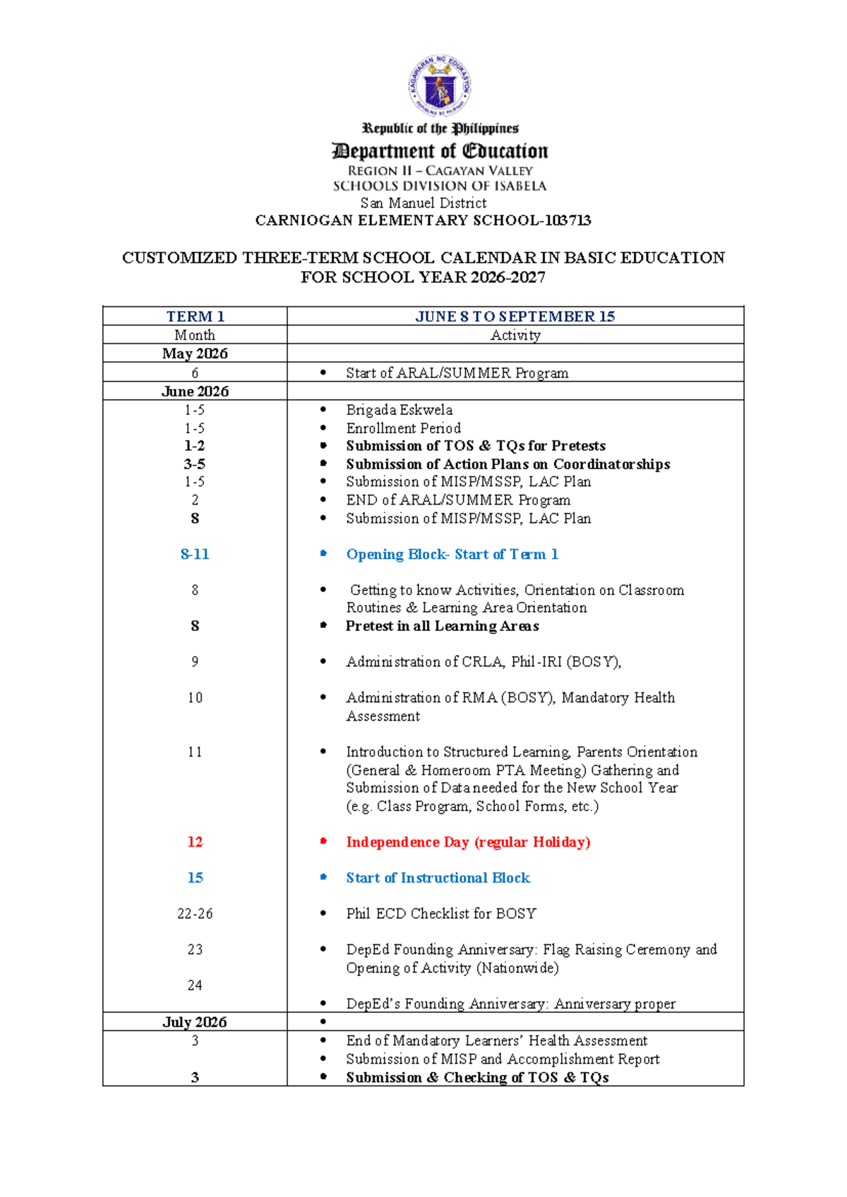 Customized School Calendar for SY 2026: Term 1, 2 & 3 Activities - Studocu