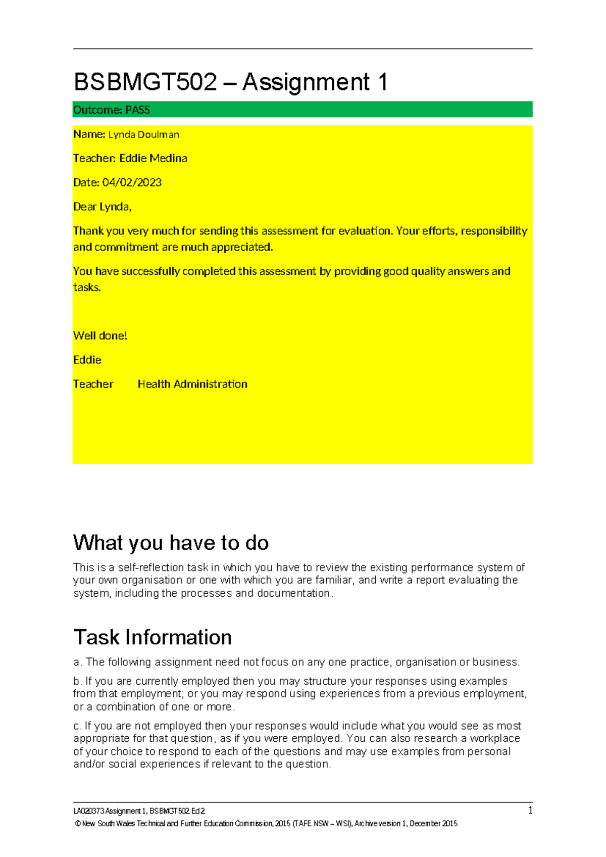 BSBMGT502 Assignment 1: Performance Management Evaluation Report - Studocu