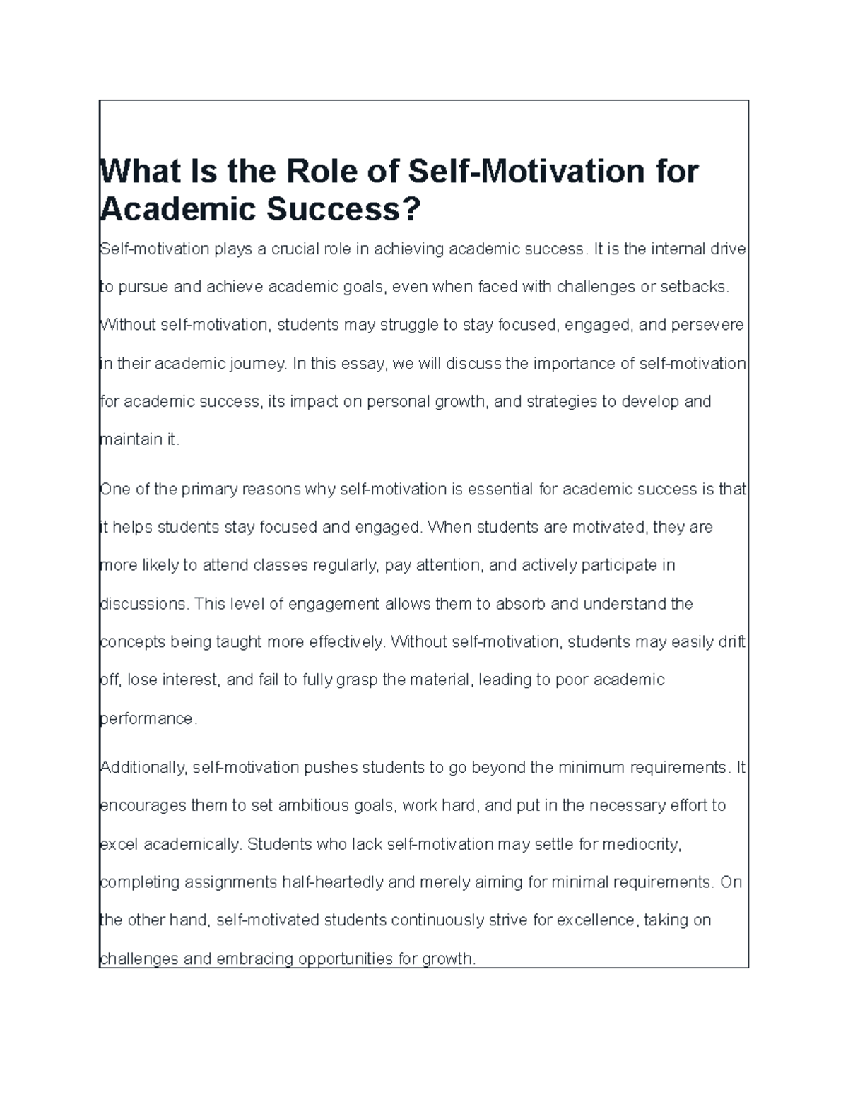 Self-Motivation and Academic Success: Insights for Q1 Assignment - Studocu