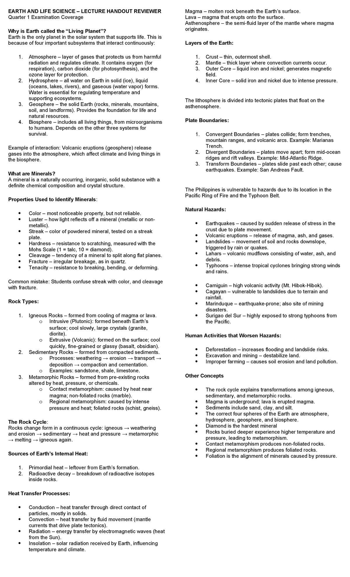 EARTH AND LIFE SCIENCE LECTURE HANDOUT Q1 EXAM REVIEW - Studocu